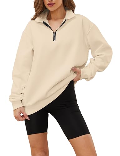 MISSACTIVER Women's Oversized Quarter 1/4 Zip Sweatshirts Lapel Collar Long sleeve Drop Shoulder Solid Pullover Jumper Top Apricot