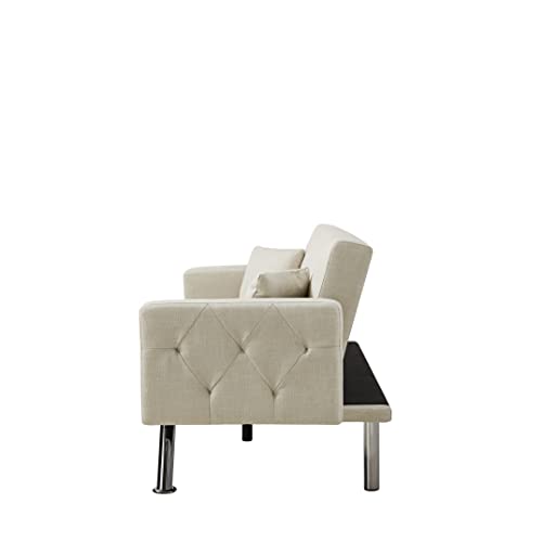 Verfur Linen Upholstered Futon Bed with 2 Cup Holders,Button Tufted Convertible Folding Loveseat, Small Lounger Sofa & Couch for Compact Living Spaces,Apartment, 75.59", Beige