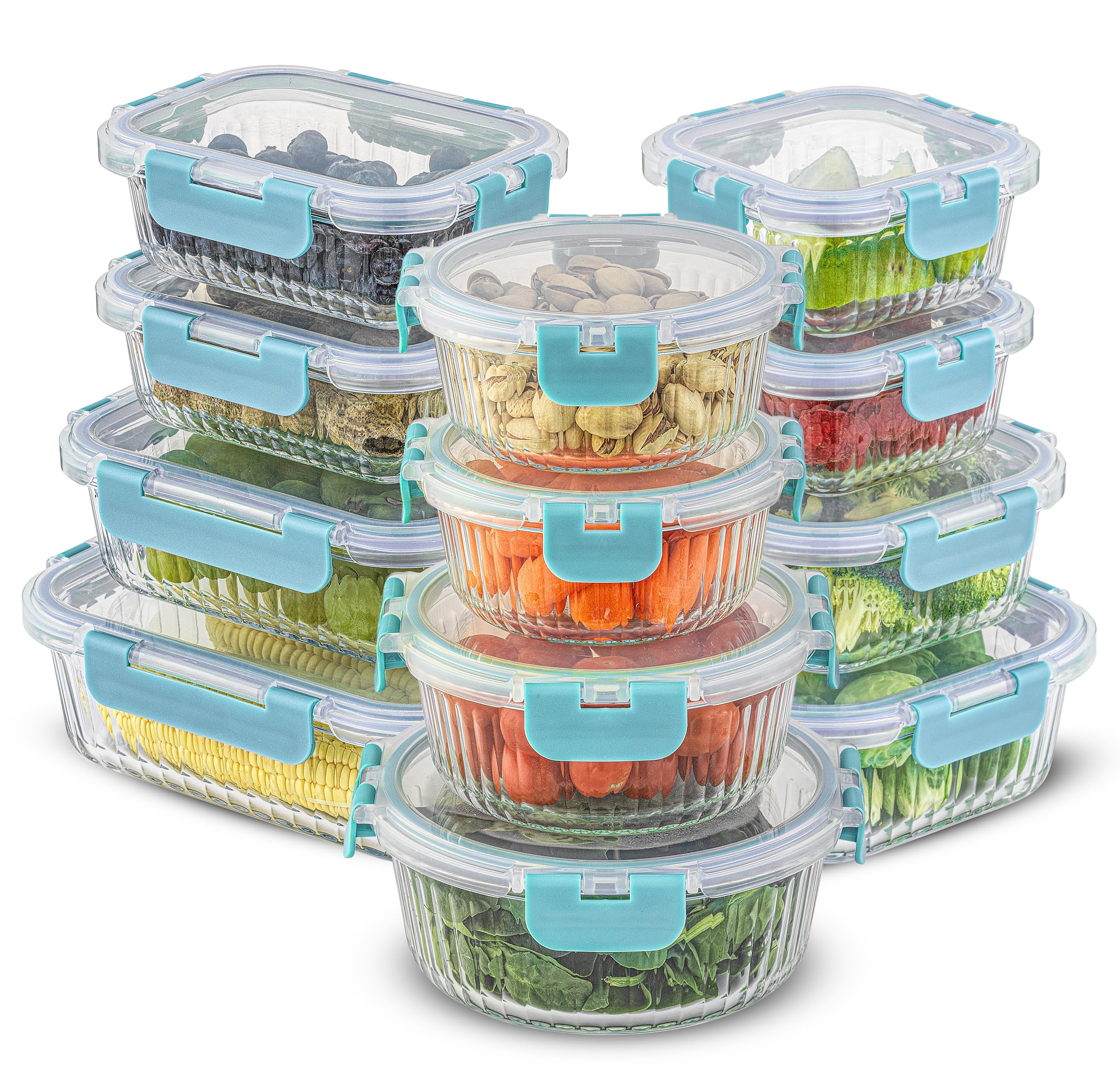 JoyJolt 24pc Fluted Glass Storage Containers with Lids. 12 Airtight, Freezer Safe Food Storage Containers, Pantry Kitchen Storage Containers, Glass Meal Prep Containers for Lunch
