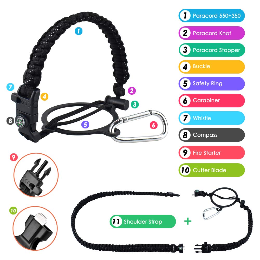 KATUMO Paracord Handle with Long Shoulder Strap for Hydro Flask, Fits for 12oz - 64oz Wide Mouth Bottles(Not for the NEW Hydro Flask 2.0), with Safe Ring, Fire Starter, Whistle, Compass, Snap Hook