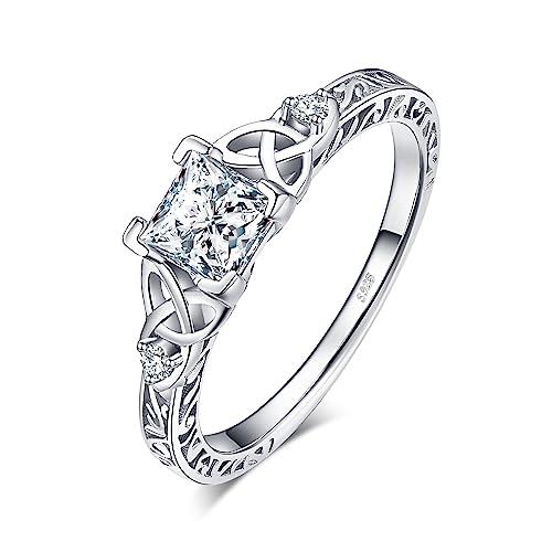 JewelryPalace Vintage Engagement Rings for Women, 14K Gold Plated 925 Sterling Silver Cubic Zirconia Promise Rings for Her, Anniversary Celtic Knot Princess Cut Solitaire Simulated Diamond Ring Size 7