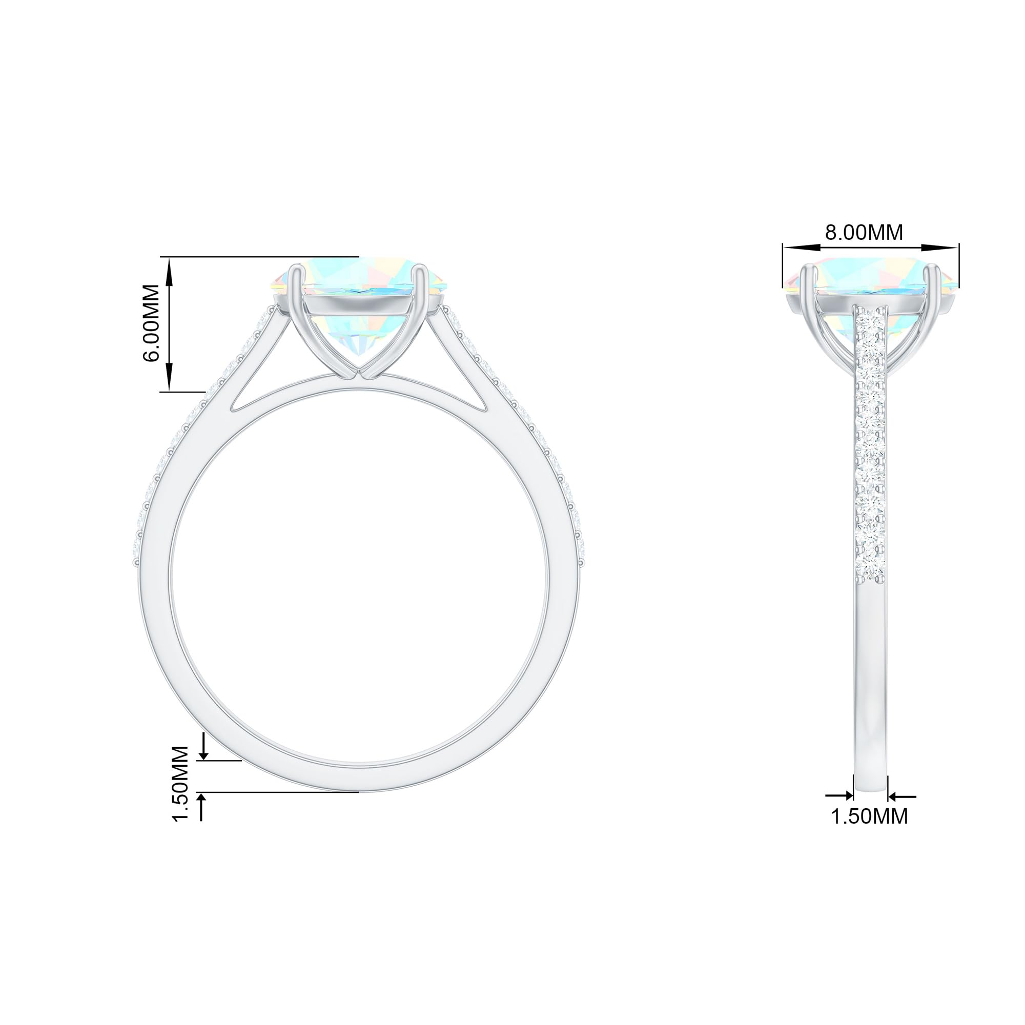 Natural Opal 8mm Round Engagement Ring for Women, AAA Quality, Rainbow Opal Diamond Solitaire Ring - Ready to Gift, 14K White Gold, Size:US 8.50