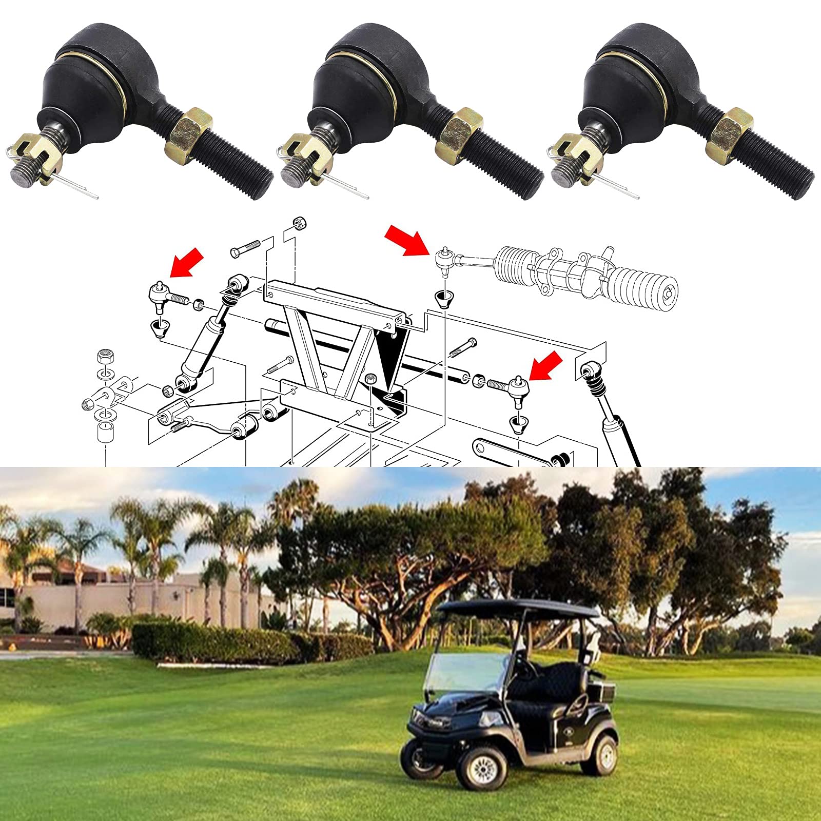 MOSNAI Club Car DS Tie Rod End kit for Club Car DS G&E 1976-2008 Golf Carts Driver OEM #7540 and Passenger Side #7539(2 PCS Left Drive Side + 1 PCS Right Passenger Side Hand Thread)