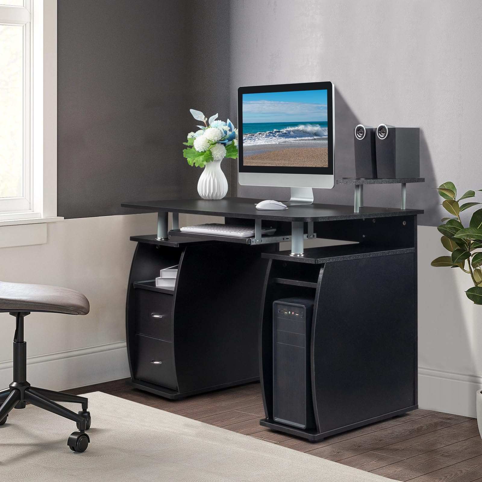 Karl home Computer Desk with 2 Drawers, Wooden Home Office Desk Writing Study Desk with Open Shelves and Keyboard Tray Black