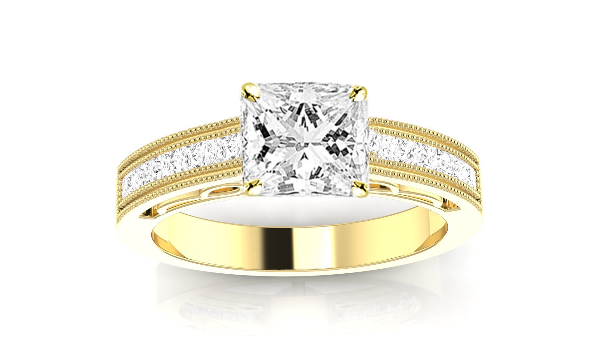 Houston Diamond District 2 Carat 14K Yellow Gold Channel Set Princess Cut Diamond Engagement Ring with Milgrain with a 1.6 Carat Moissanite Center - Size 7