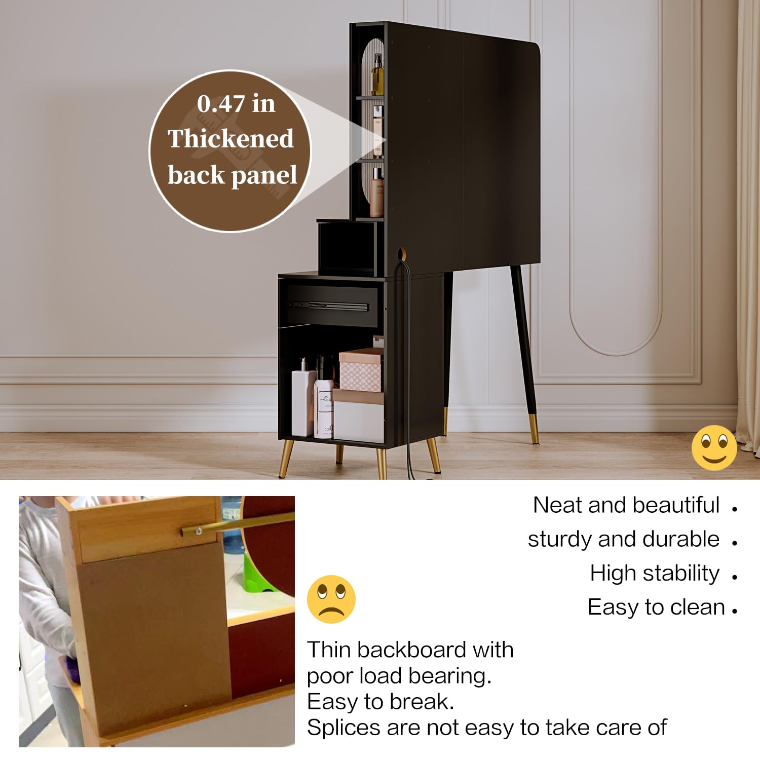 YYJ Vanity Desk with Mirror and Lights,Modern High Capacity Makeup Vanity with 3 Drawers,Makeup Table with Power Outlet and 10 Lights,Writing Desk for Bedroom,Makeup Room, Black