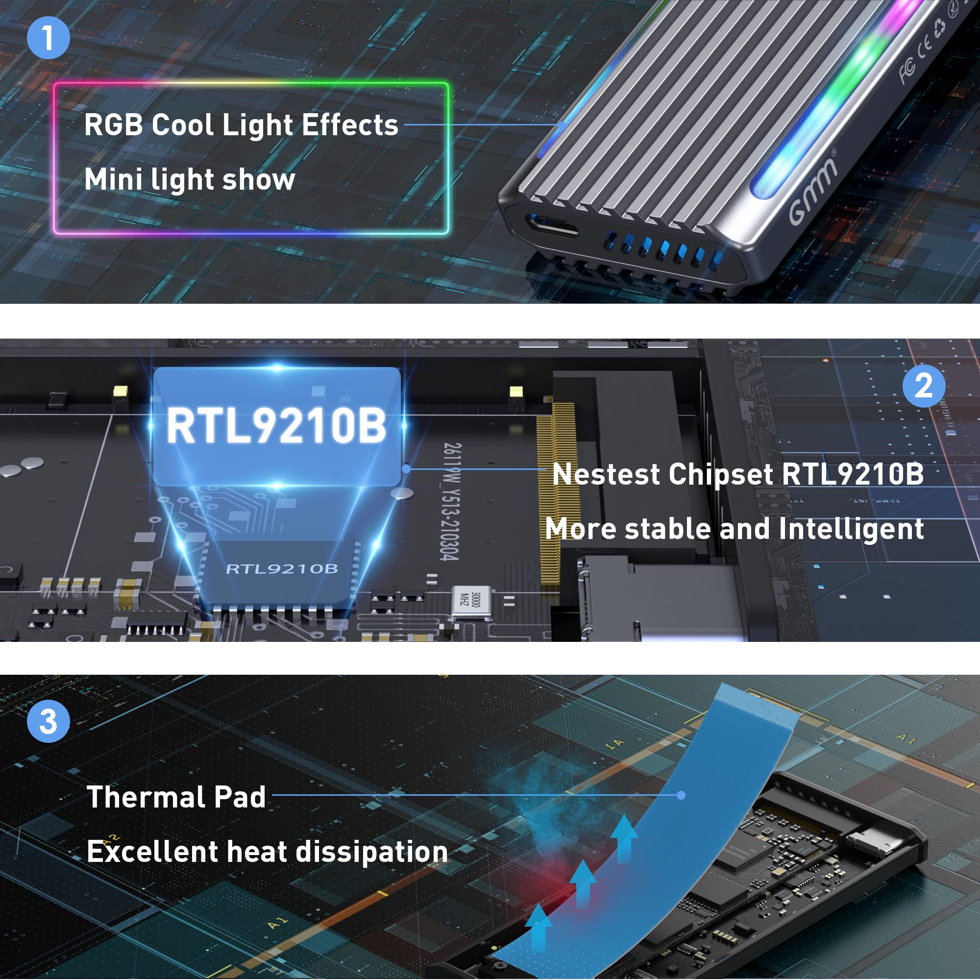 M.2 NVMe SSD Enclosure Adapter USB C 3.2 Gen 2 10Gbps M.2 NVMe to SATA Reader, Tool-Free 6Gbps SATA, RGB NVMe Enclosure Aluminum Case Support UASP Trim for PCIe M-Key(B+M Key) SSD Size 2242/2260/2280
