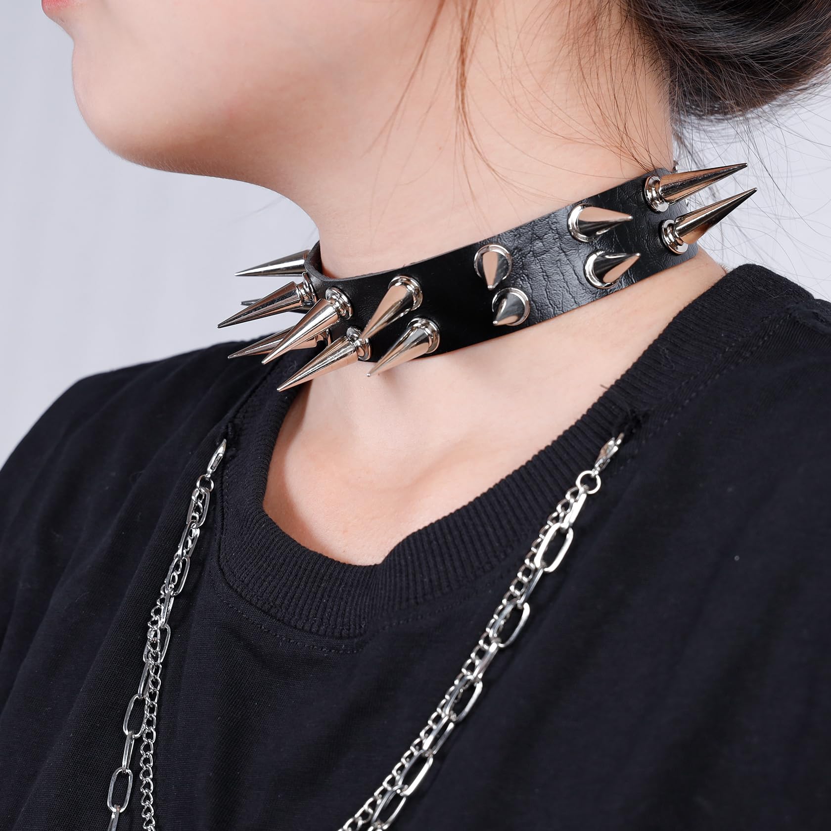 Manfnee Leather Studded Bracelet Heart Choker Punk Gothic Metal Rivet Chain Cuff Bangle Black Wristband
