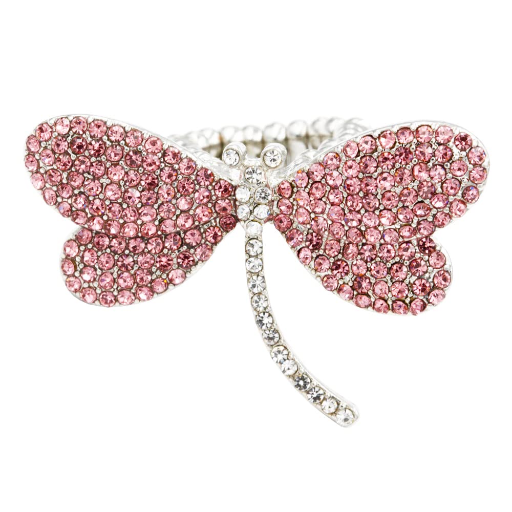 Lavencious Dragonfly Design Rhinestone Stretch Statement Ring for Women Size for 7-9(Silver Pink)