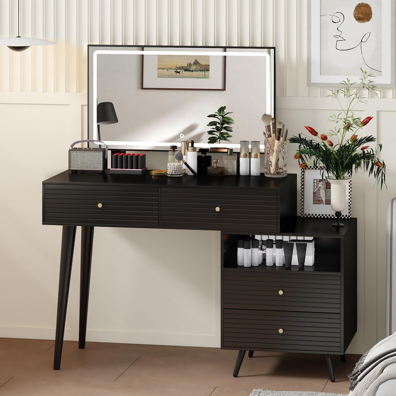 KEHUIBGAJ Makeup Vanity Desk with Drawers,Vanity Table ，Makeup Vanity， with 3-Color Touch Screen Lighted Mirror,Modern Makeup Dressing Table Bedroom Vanity Sets Storage Dresser