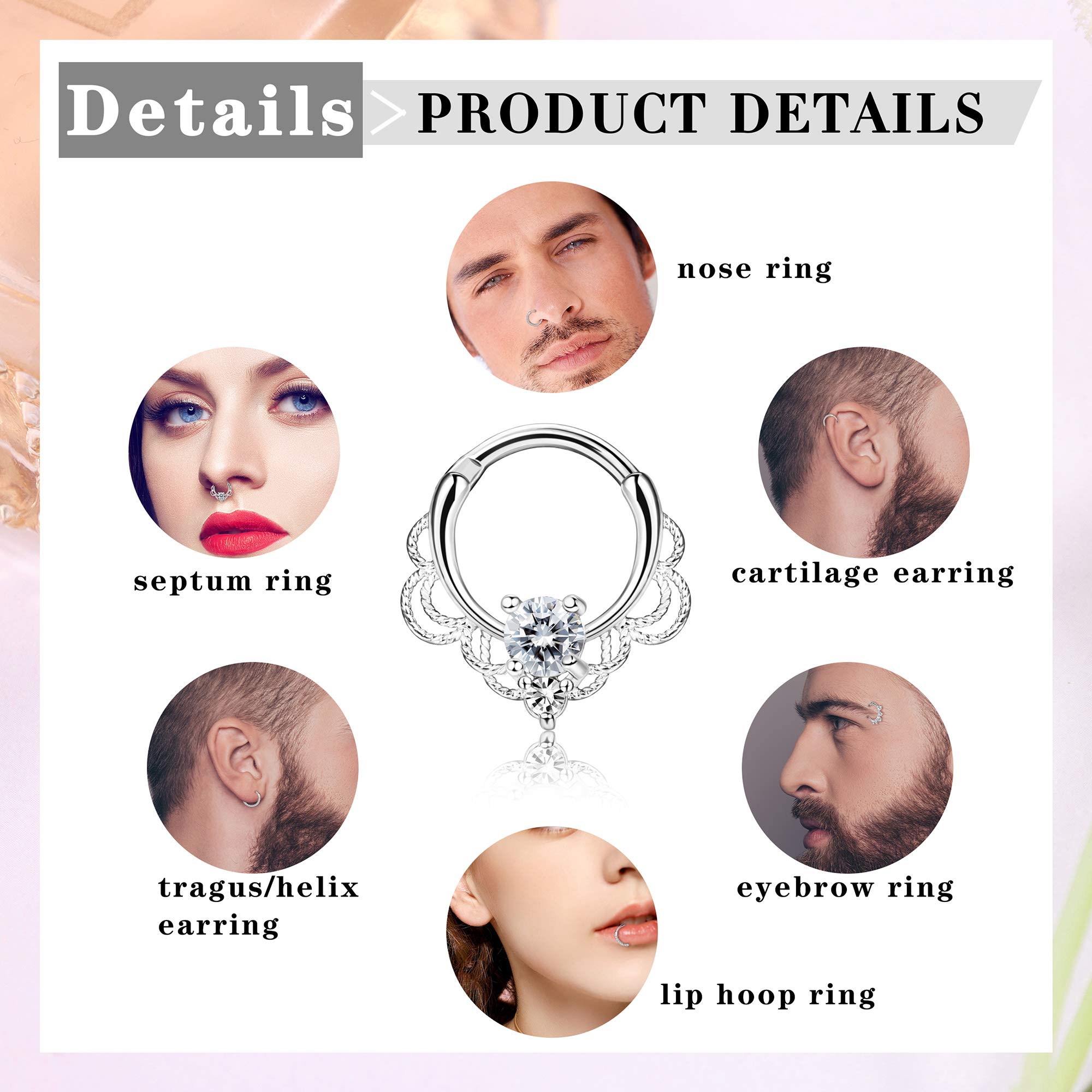 LOYALLOOK 8PCS 16G Septum Clicker Ring Stainless Steel CZ Opal Cartilage Helix Tragus Hoop Daith Earrings Nose Hinged Segment Ring Piercing Jewelry 10MM