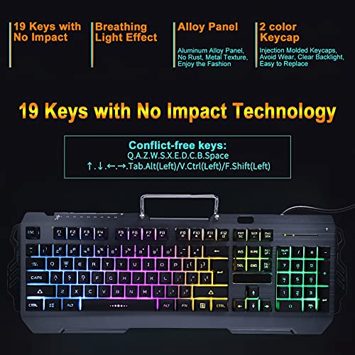 YYOYY 104 Keys Mechanical Feeling Gaming Keyboard for PC Gamers, 2 Colors Keycaps Backlit Aluminum Alloy Base Computer Keyboard, USB Wired Keyboard with Phone Holder for Home & Office