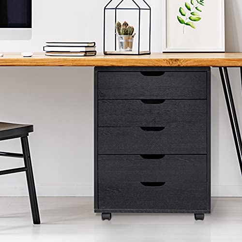 Knocbel Mobile Storage Cabinet with 5 Drawers, Home Office Rolling File Cabinet on Wheels, 19.2" L x 15.9" W x 26.3" H (Black)