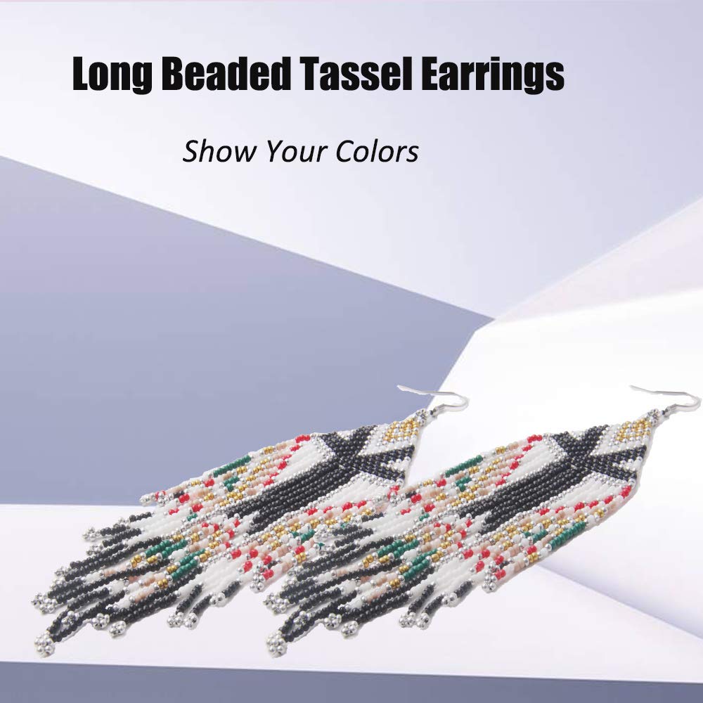 Long Beaded Tassel Earrings - American Flag Drop Earrings Bohemian Beaded, Seed Bead Tribal Dangle Earrings, Pendientes De Borla, Gift Idea for Women (Black Colorful Earrings)