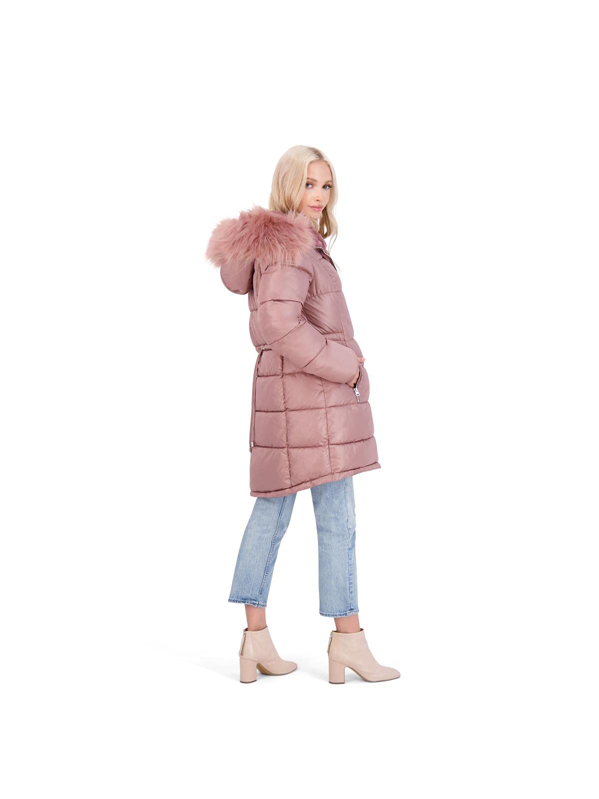Jessica Simpson Womens Quilted Puffer Winter Coat w/Faux Fur Hood Pink Size L