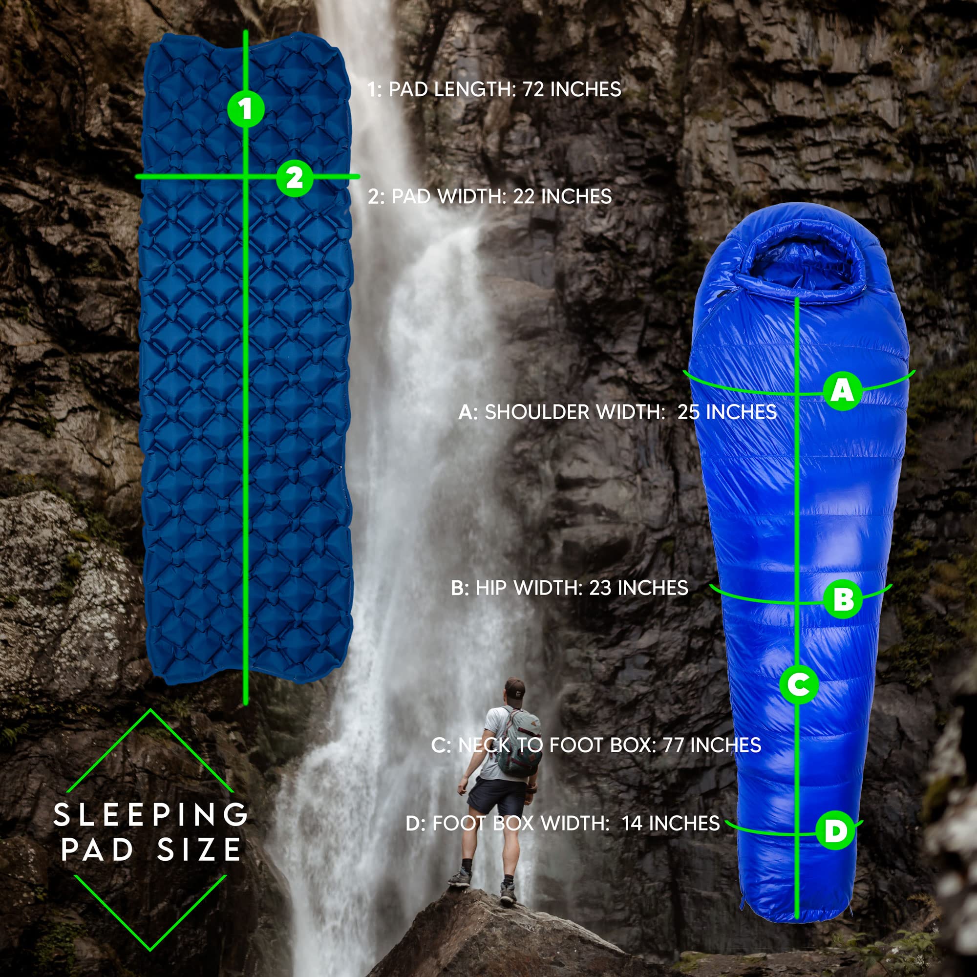 Mummy Sleeping Bag - Insulated Packable Sleeping Bags for Adults with Pillow, Pump Sack, Padded Cushion, Neck Baffle, Hood, Storage Pack - 900 Fill Thermal Bedroll for Camping, Backpacking - 72"x22"
