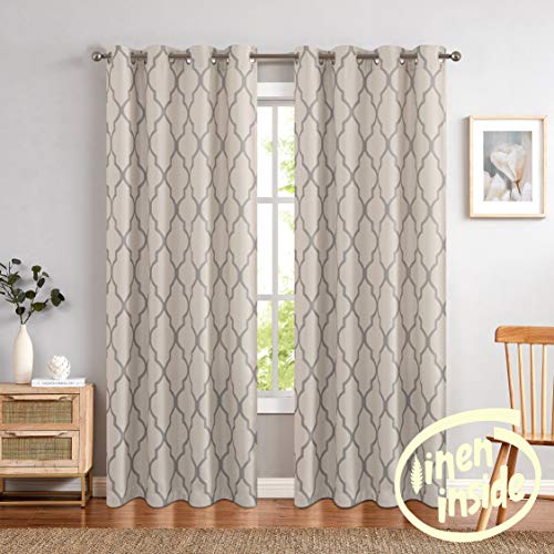 JIN CHAN Curtains Living Room Darkening Drapes Bedroom Linen Textured Window Treatment Panels 95 inch Long One Panel Grey on Beige