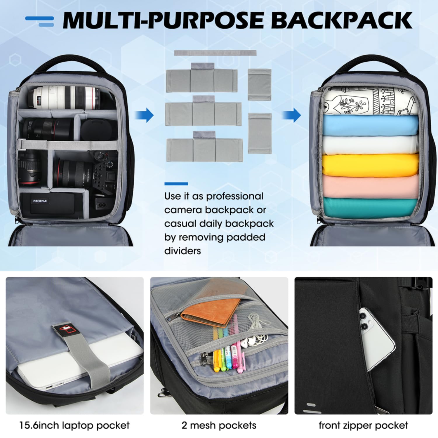 Lubardy Camera Bag Professional DSLR SLR Mirrorless Camera Backpack 15.6 Inch Waterproof Laptop Backpack Anti-Theft Camera Case with Rain Cover Large Capacity Photography Backpack for Men Women, Black