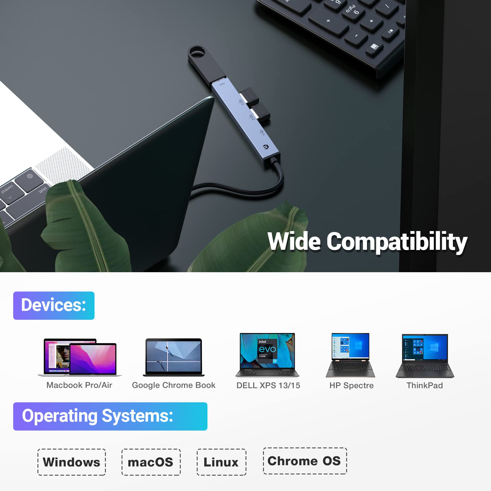 USB 3.0 Hub, USB HUB with 1 USB 3.0 Ports & 3 USB 2.0, Ultra Slim SuperSpeed 5Gbps USB Adapter Super Fast Ultra USB C Adaptor Compatible with Laptop, PC, Keyboard, Windows, Mac OS, Linux System