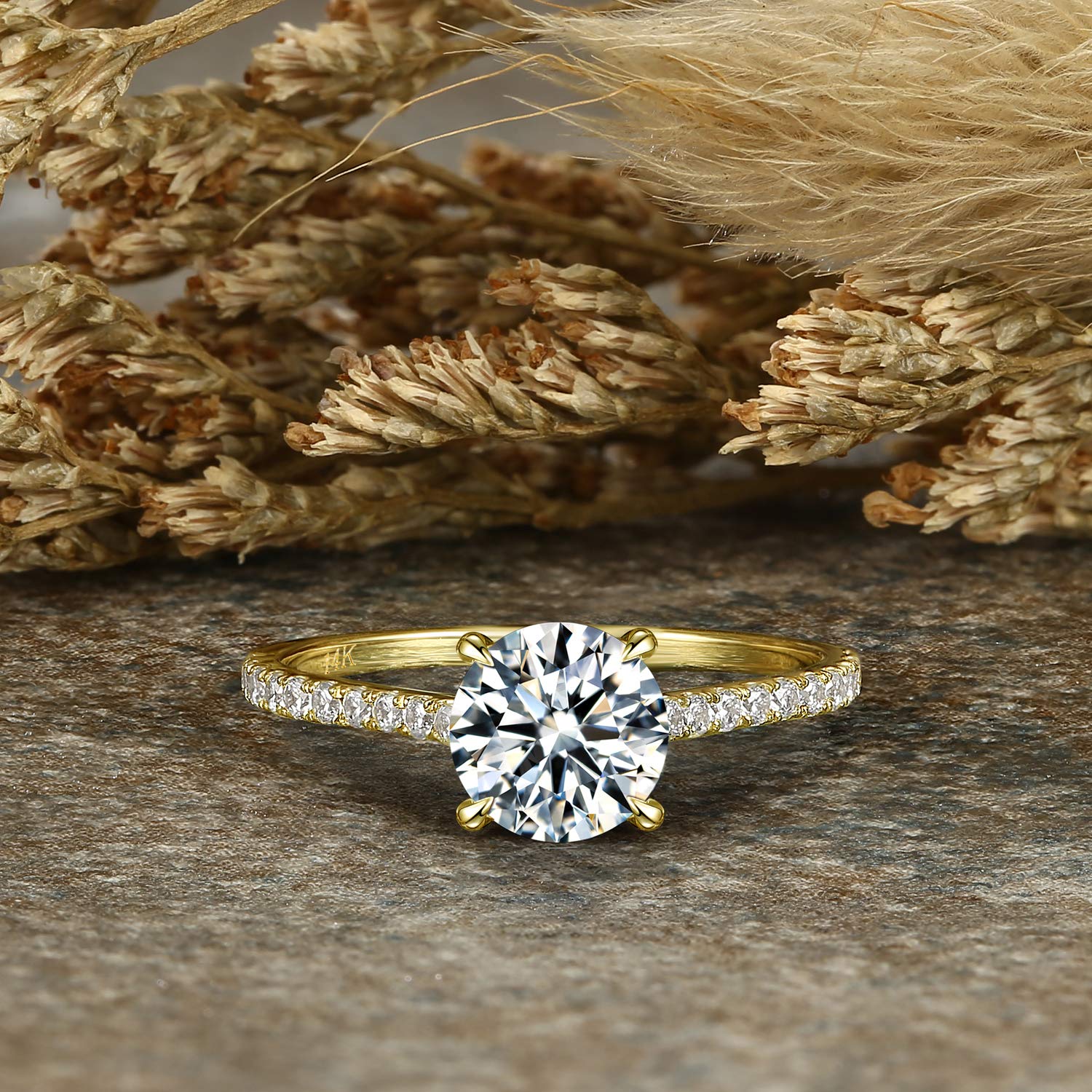 Lamrowfay 4-Prong Set 14k Solid Gold 1CT 6.5mm CZ Simulated Diamond Engagement Ring Promise Bridal Ring (yellow-gold, 8.5)