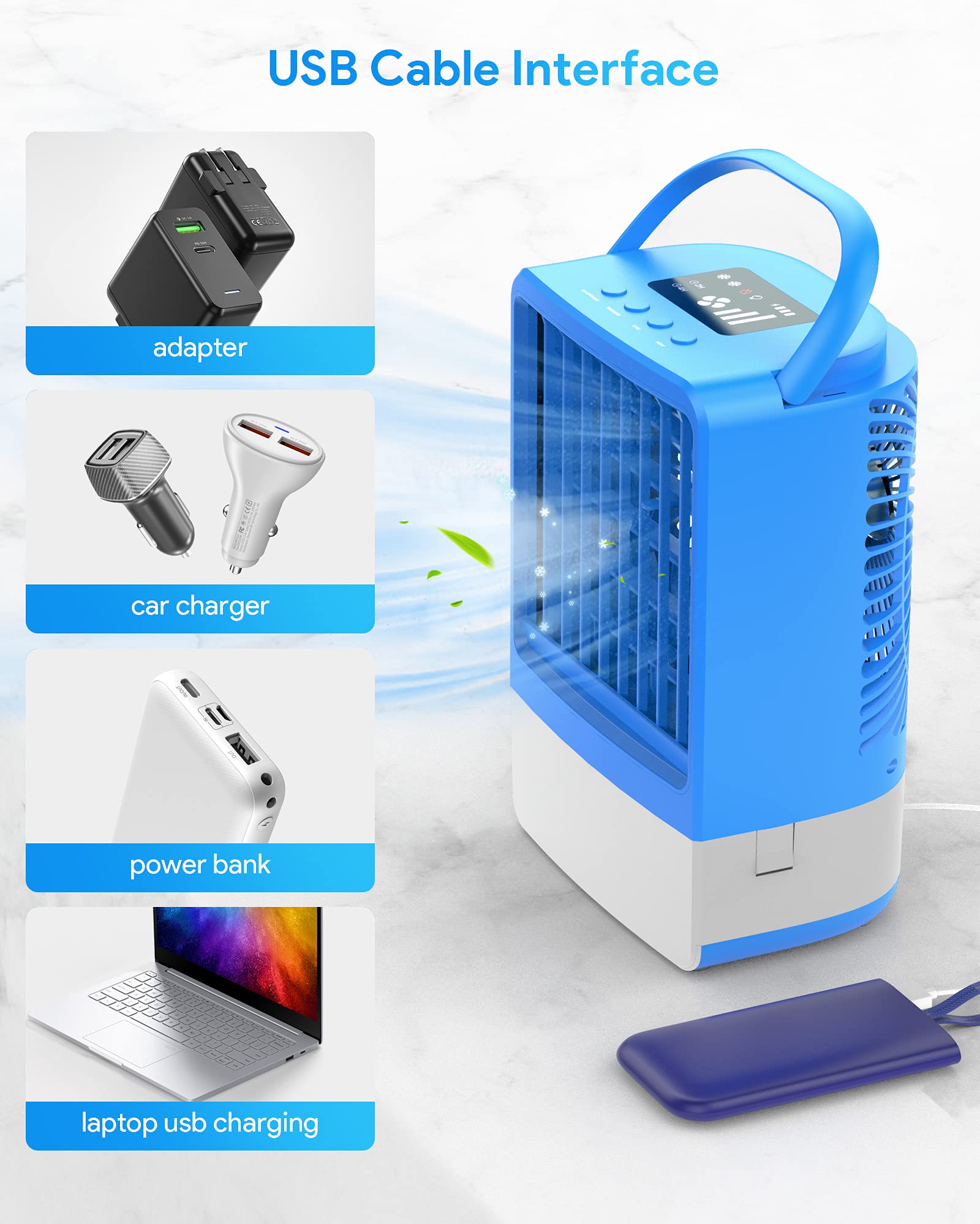 Portable Air Conditioner, Evaporative Air Cooler in 3 Speed Personal Mini Air Conditioner with LED Light, Evaporative Cooler for Home Bedroom Office Desk