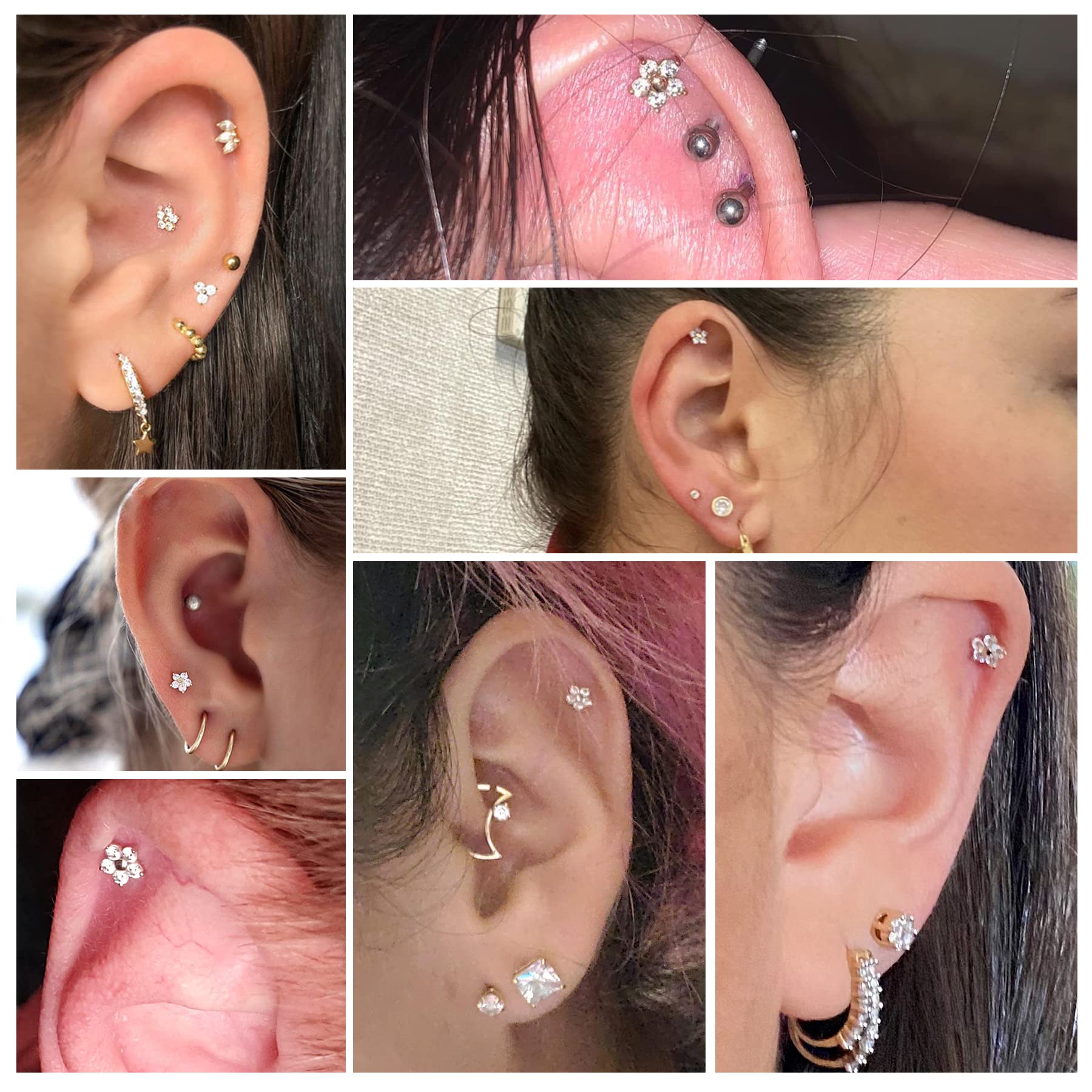 Jewseen 14KT Real Yellow Gold Solitaire Cubic Zirconia Cartilage Earrings 16g Flower Design Helix Stud Rings Solid Gold Tragus Conch Ear Piercing