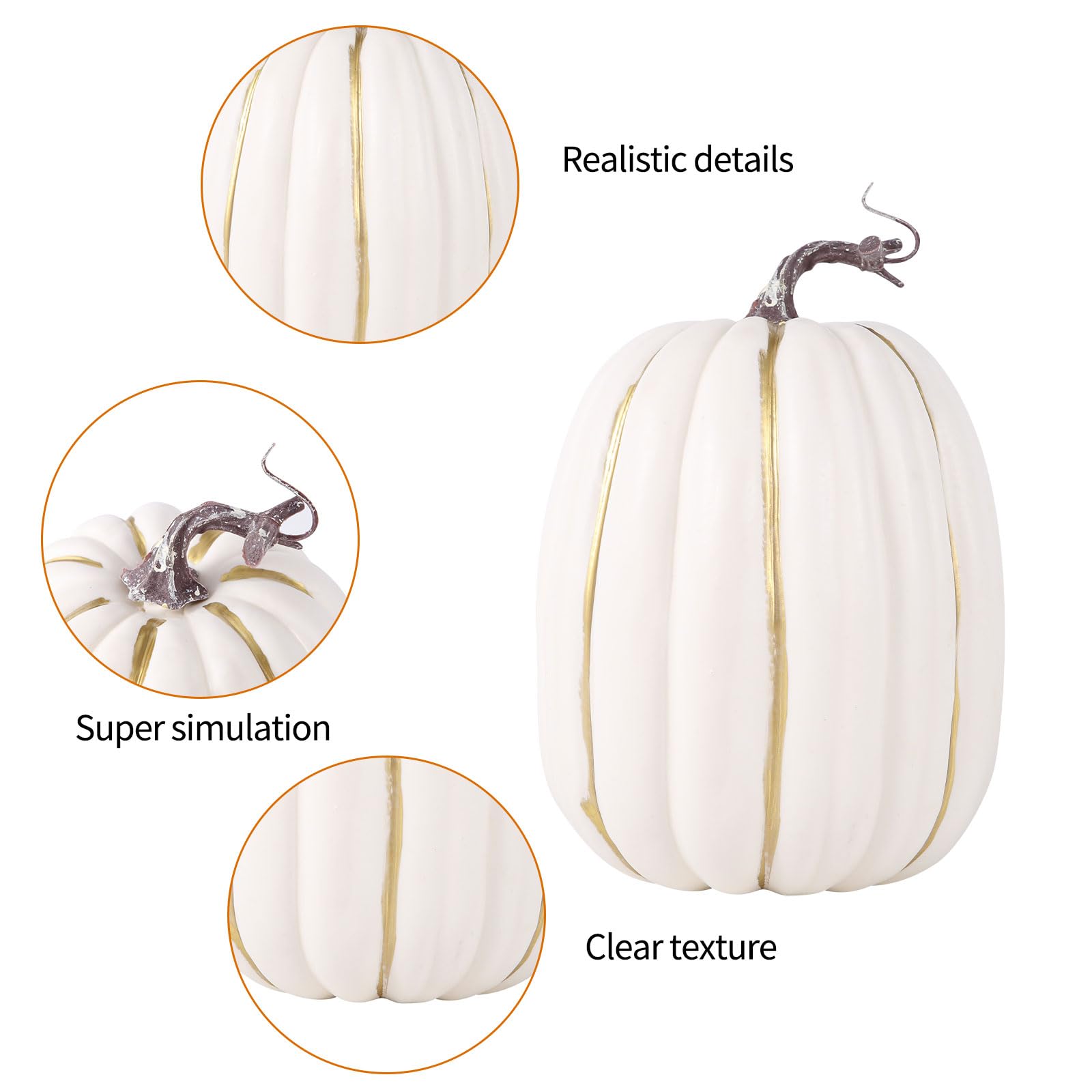 Lucakuins 8 Inch Large Artificial Pumpkins DIY White Decorative Foam Pumpkins Cute Fake Pumpkins for Hallween Autumn Harvest Home Decorations (White Gold Wire, 8 in)