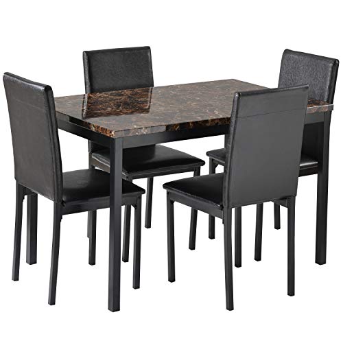 WIILAYOK Dining Table Set for 4, Modern 5-Piece Kitchen Dining Table Set with Faux Marble Tabletop & 4 PU Leather Upholstered Chairs for Living Room, Dinette, Compact Space