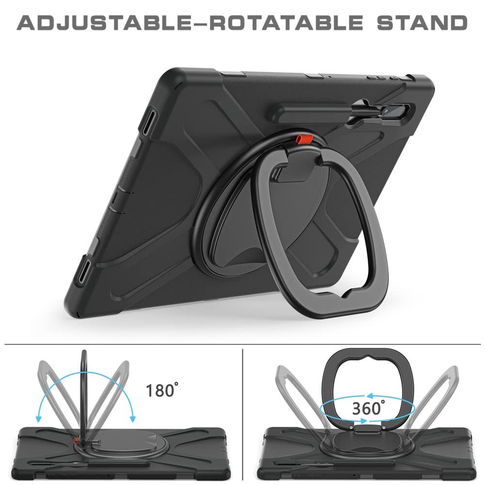 SOUYOYIHI 360 Rotation Case for Samsung Galaxy S8 Ultra 14.6" Sturdy Cover Rotate Ring Stand Shoulder Carrying Strap Hand Strap Rugged Children Adults Outdoor Case, Black