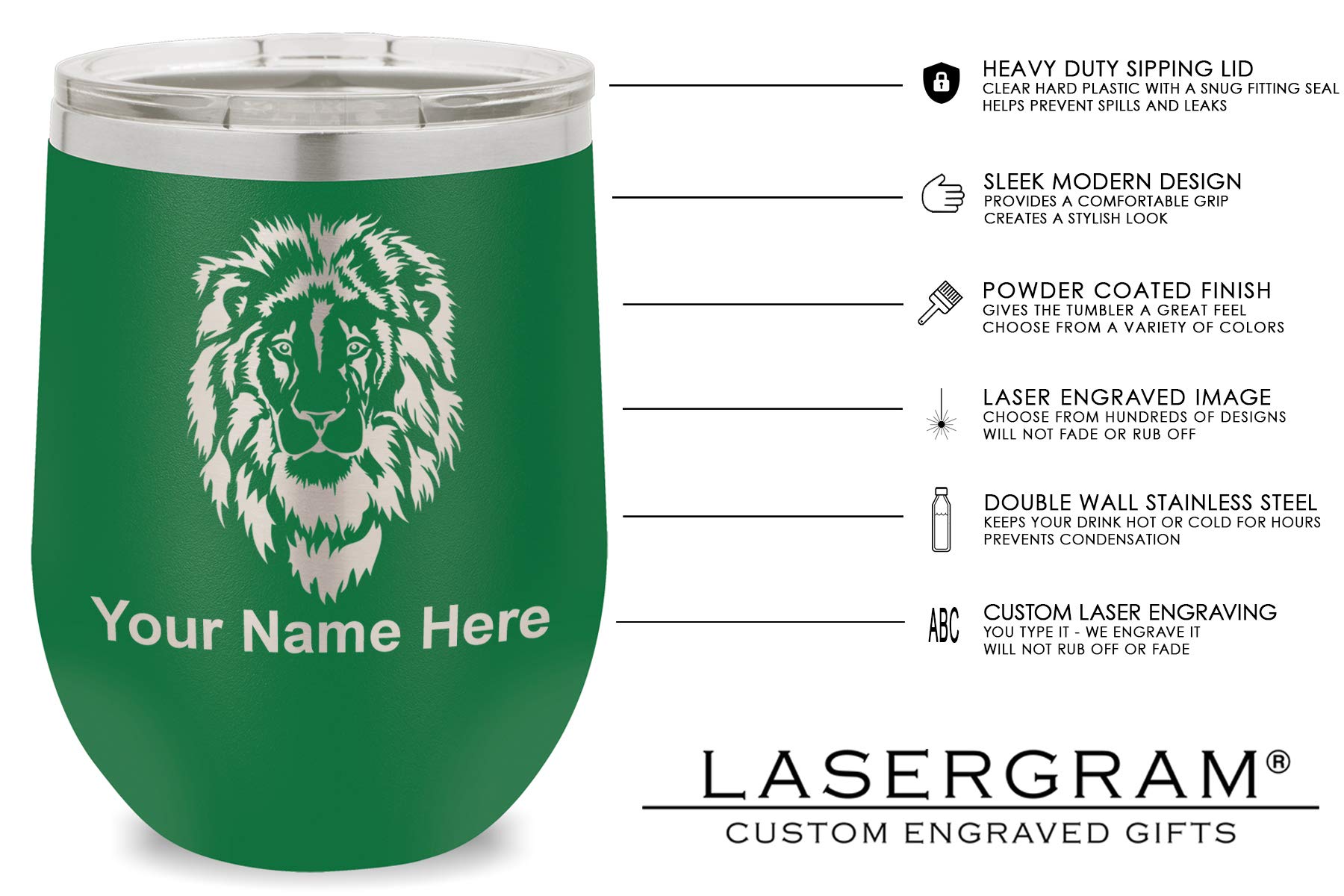 LaserGram Double Wall Stainless Steel Wine Glass Tumbler, Marijuana leaf, Personalized Engraving Included (Green)