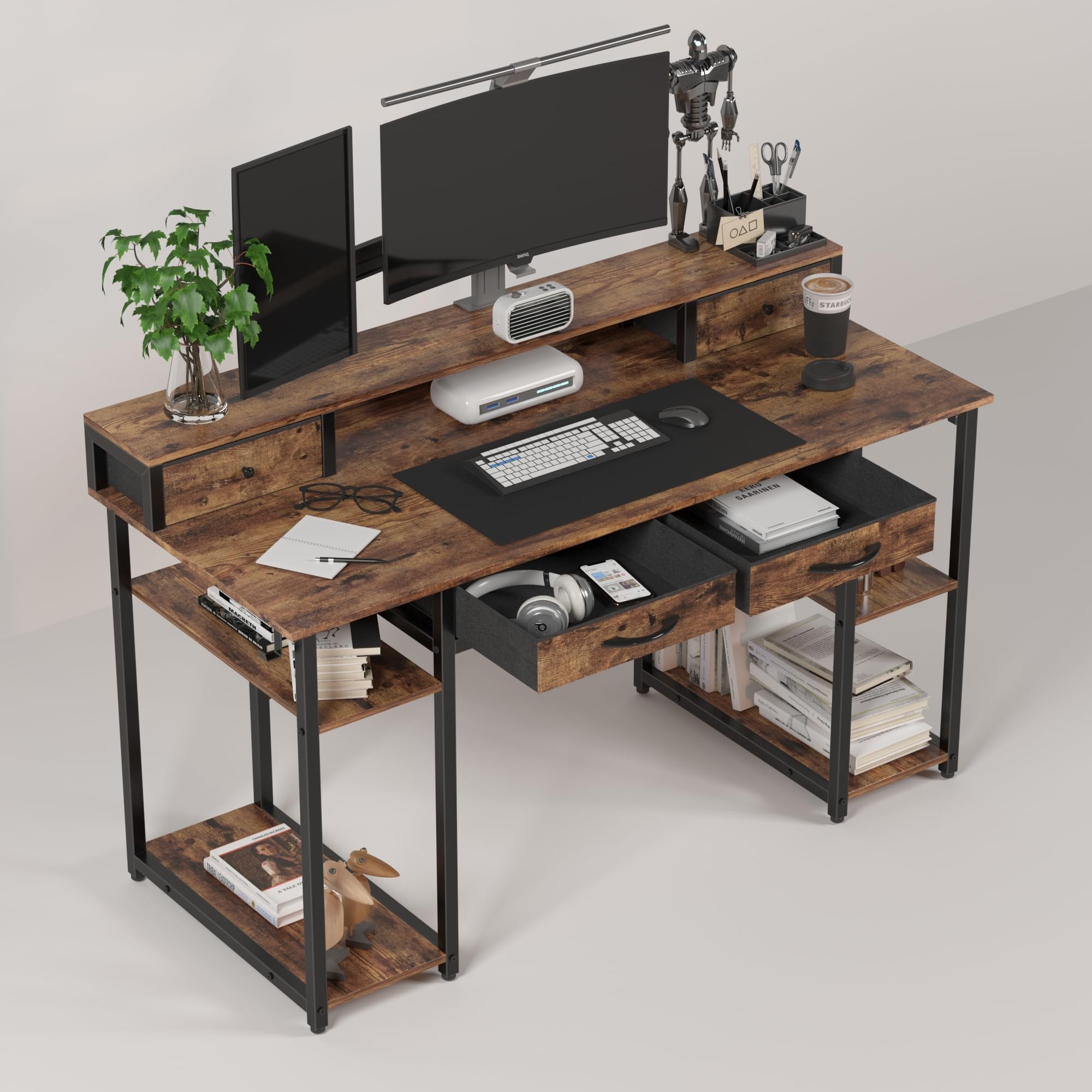 Treesland Computer Desk, 47" Office Desk with Monitor Shelf, Dual Tiers Home Office Gaming Desk with Drawers, Work Desk with Double-Layer Storage Rack, Stable Writing Desk, Rustic Brown