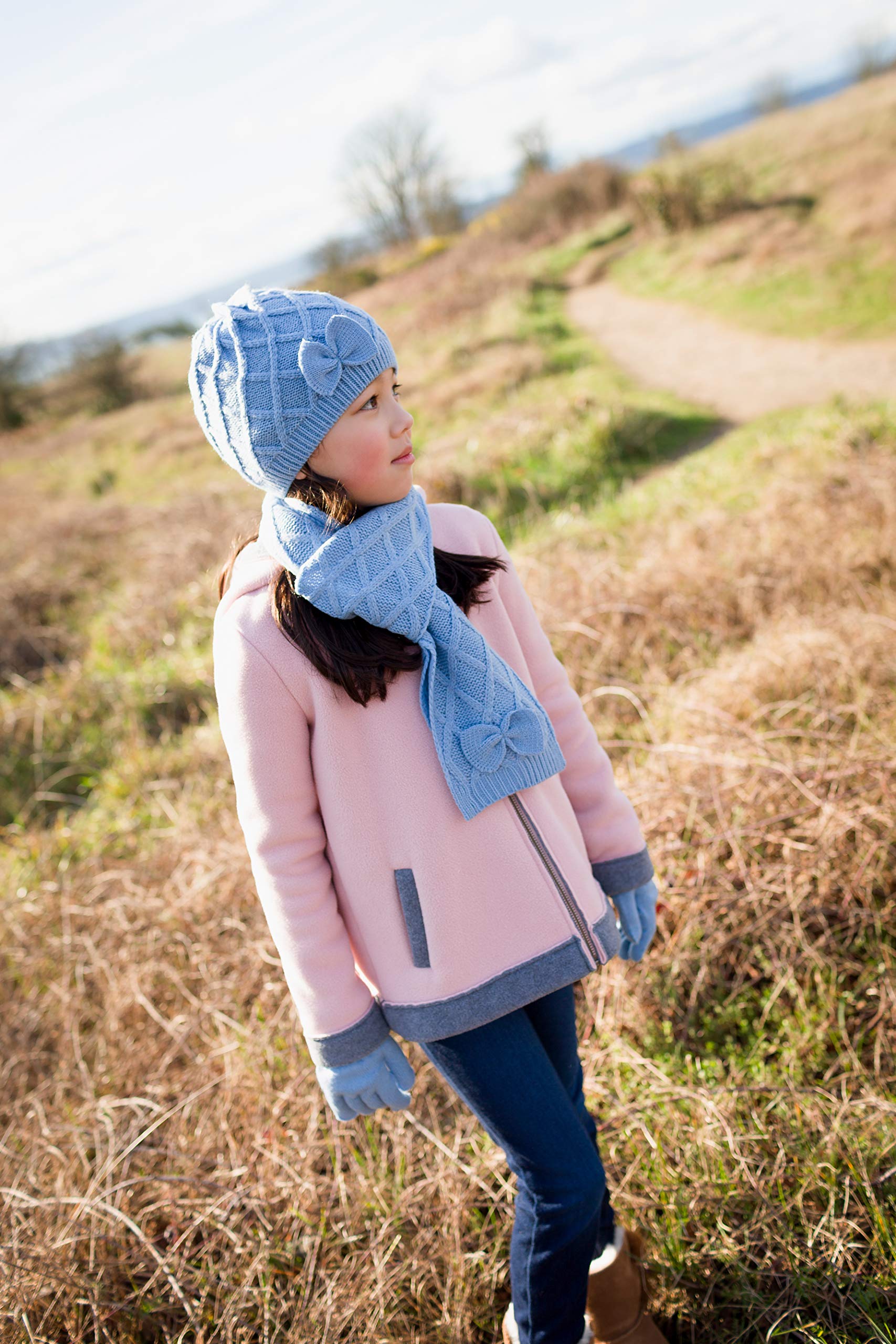 Kids Criss Cross Knit Winter Hat with Bow, Scarf and Glove Set Lavender for Girls