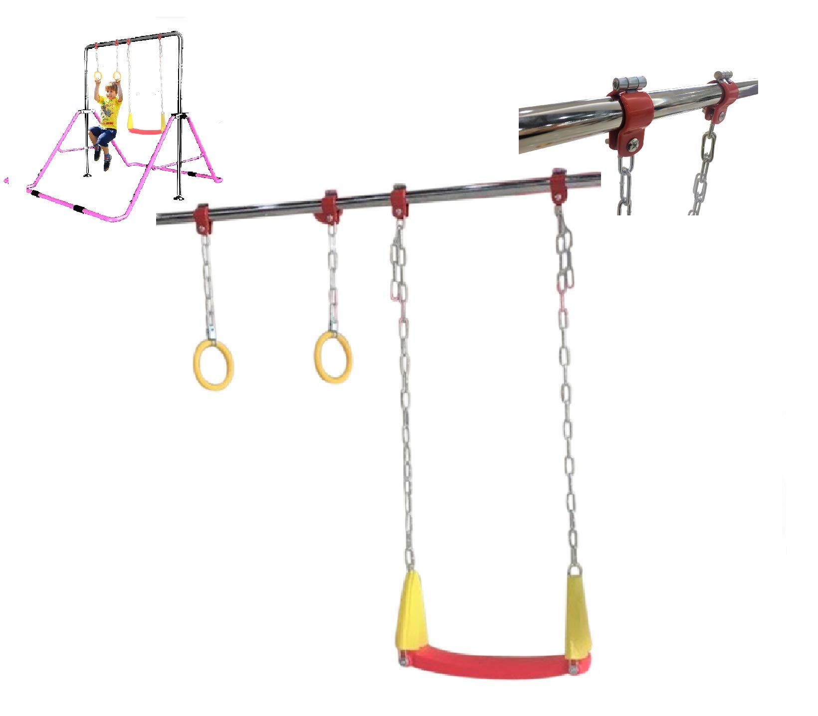 Kids Jungle Gymnastics Expandable Junior Training Monkey Horizontal Bars Climbing Tower Child Play Pink Training Pull Up Gym + Swing Seat + Trapeze Rings.Set