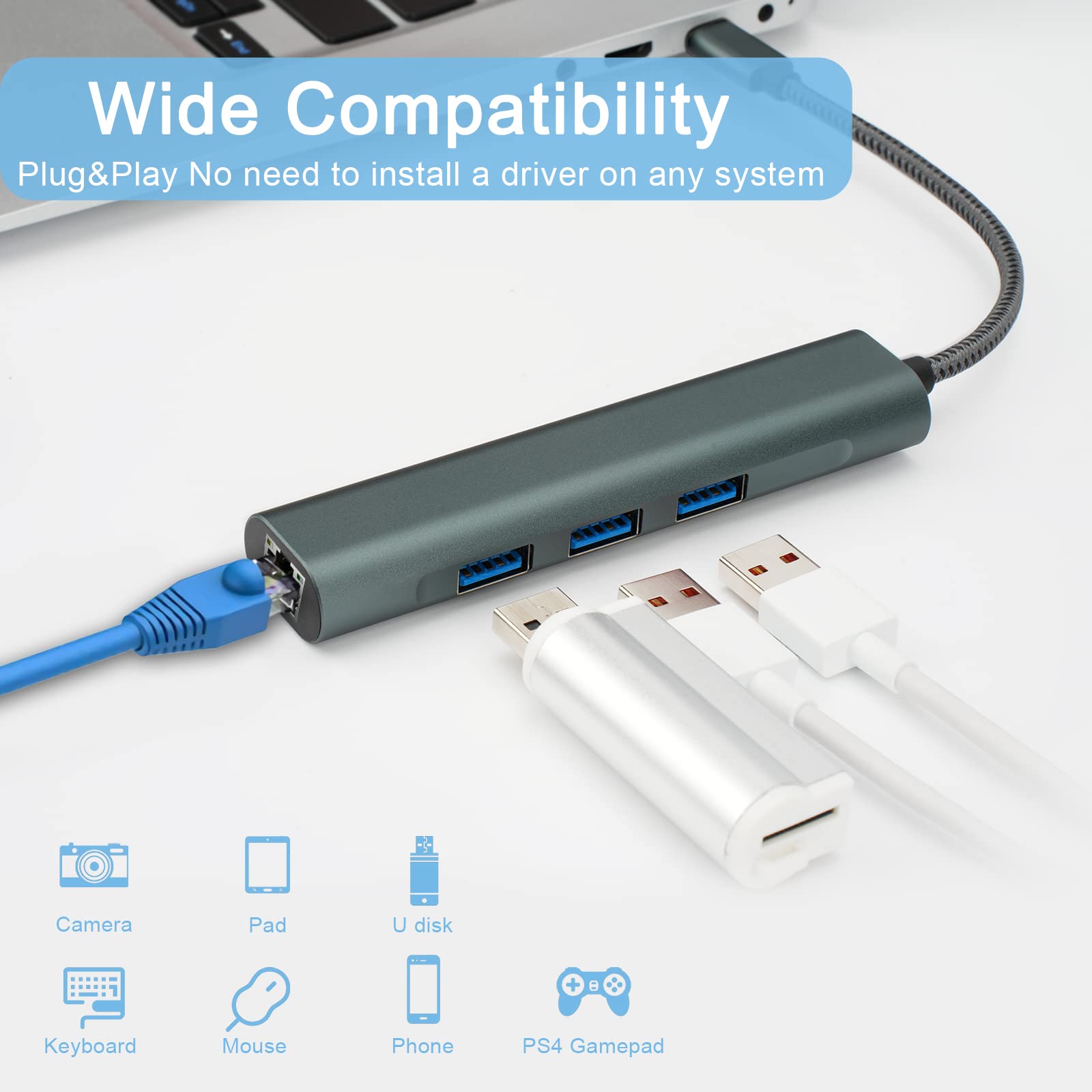 USB C to Ethernet Adapter, 4-in-1 USB-C to USB 3.0 Hub with Gigabit Ethernet Adapter for MacBook Pro/Air, iPad Pro, iMac, XPS, Surface Pro, Notebook Laptop UC164 Dell XPS and More(Gray)