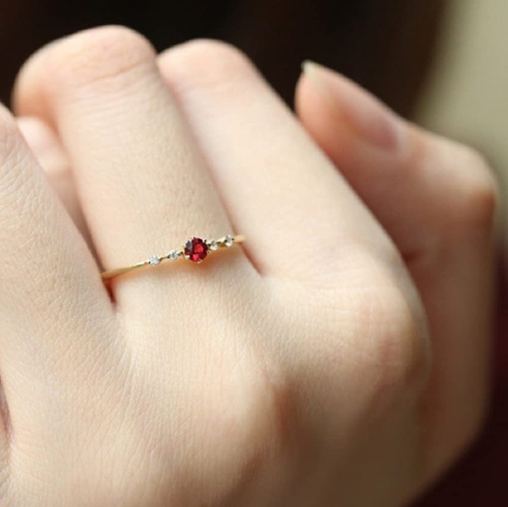 LRGKMCWTOB Cute Dainty Women's 14K Gold Ruby Drill Rings Delicate Rings Gemstone Rings Wedding Jewelry Heart Gemstone Promise Engagement Love Ring Size 5-10 (US 8)