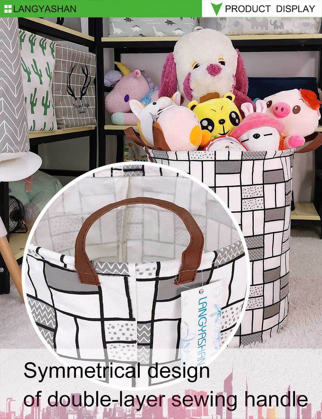 LANGYASHAN Storage Bin, Canvas Fabric Collapsible Organizer Basket for Laundry Hamper,Toy Bins,Gift Baskets, Bedroom, Clothes,Baby Nursery (Round Grey bricks)