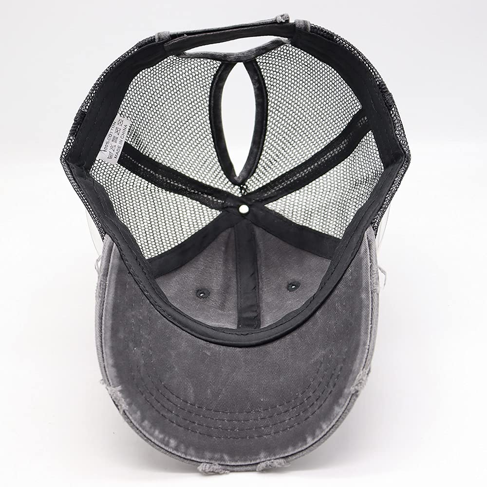 KKMKSHHG Ponytail Baseball Cap for Womens, Adjustable Vintage Trucker Washed Denim Dad Hat, Distressed High Mesh Messy Bun Velcro Ponycap
