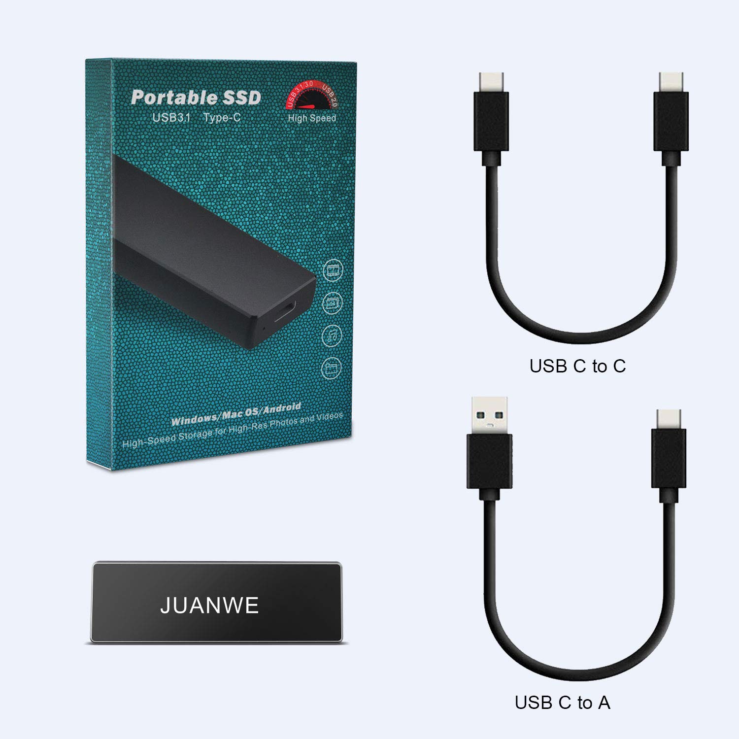 JUANWE 250GB External SSD, USB 3.1 500MB/s High-Speed Read Write Portable Aluminum SSD External Hard Drive, Type-C PSSD for PC/Laptop/Mac/Android,Mobile External Solid State Drive