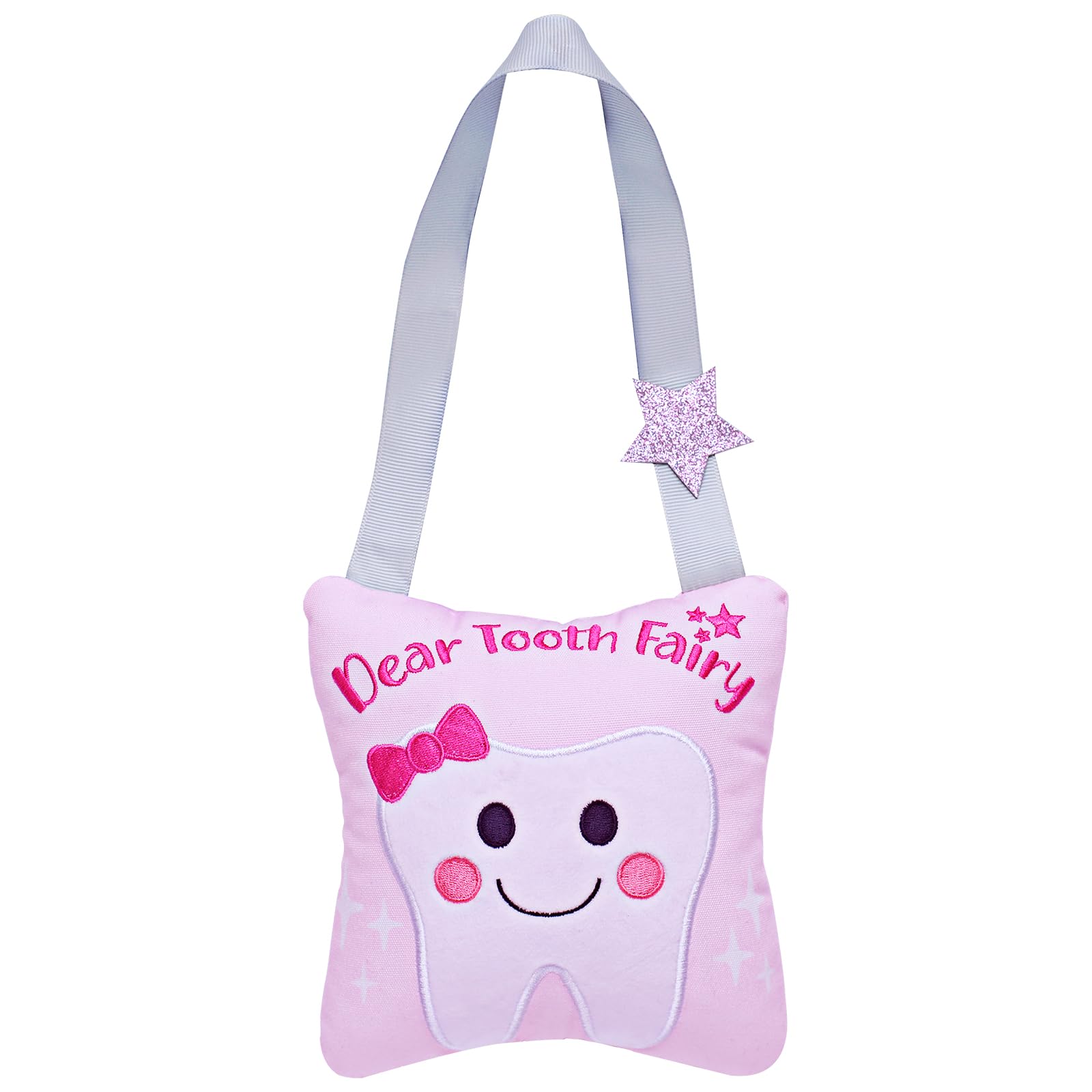 Tooth Fairy Pillow with Pocket for for Girls and Boys Kids,Tooth Keepsake Pouch Tooth Fairy Bag on Back Toothfairy Gift,5.9 x 5.9 inches (Pink)