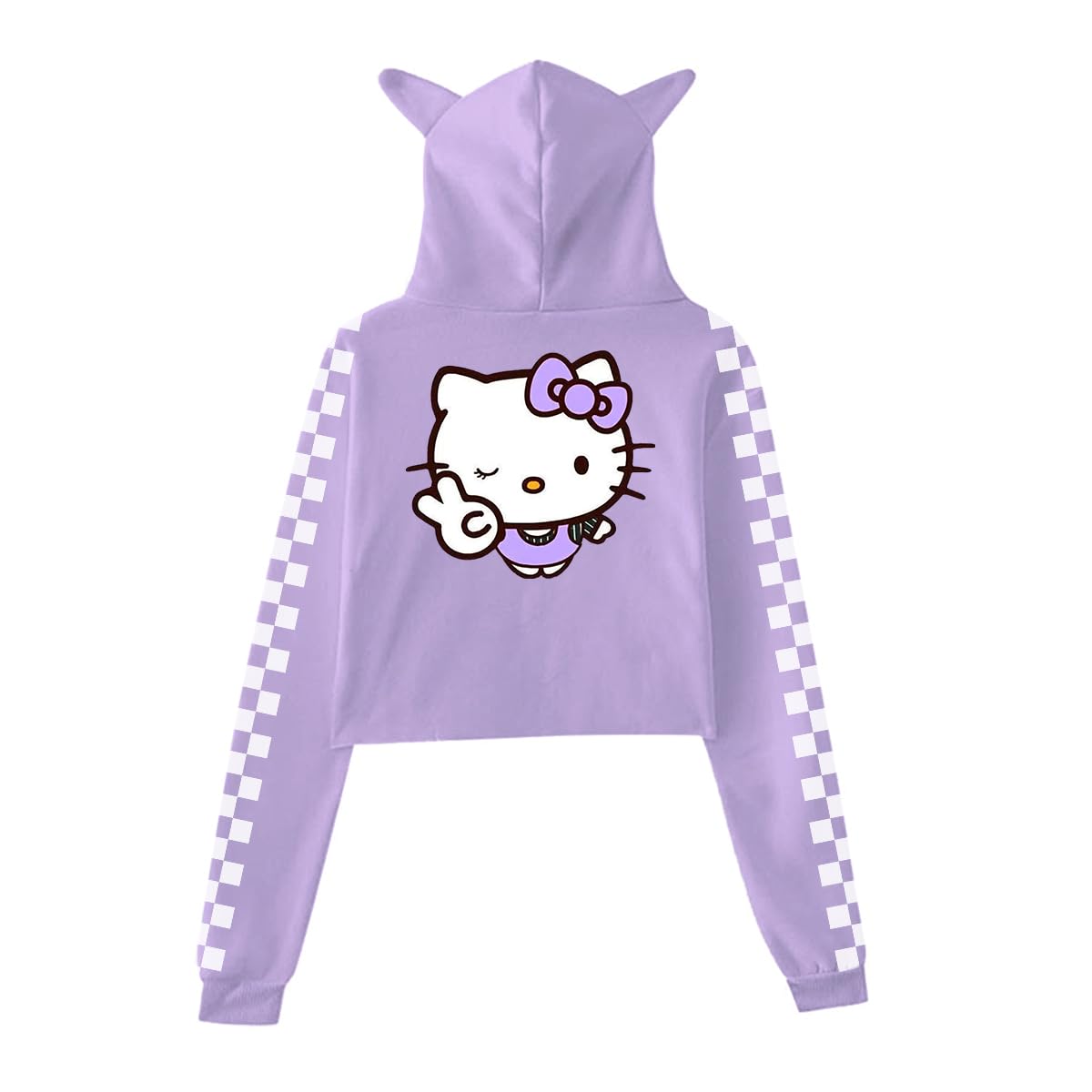 Kids Plaid Kitty Print Hoodie, Cat Ears Cute Pullover Sweatshirt Sports Tops Purple-X-Large