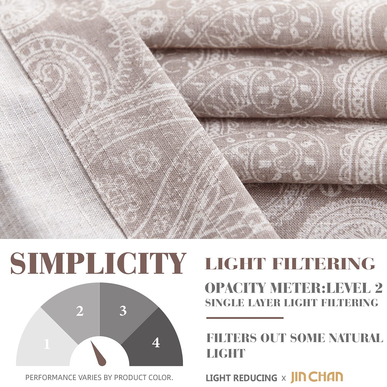 jinchan Tie Up Valance Flax Linen Textured Paisley Damask Printed Adjustable Tie-up Small Valances for Kitchen Living Room Windows Medallion Design 1 Panel Taupe on Beige 18 Inch Long