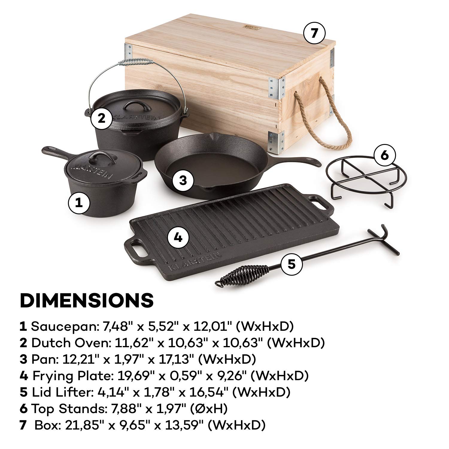 KLARSTEIN Hotrod Masterplan Dutch Oven Set, 7-Piece Cast Iron Pot Set for BBQ, Cooking, Serving, Frying, Baking, Open Fire, Extra-High Lid Rim, Includes Wooden Transport Box, Easy Handling