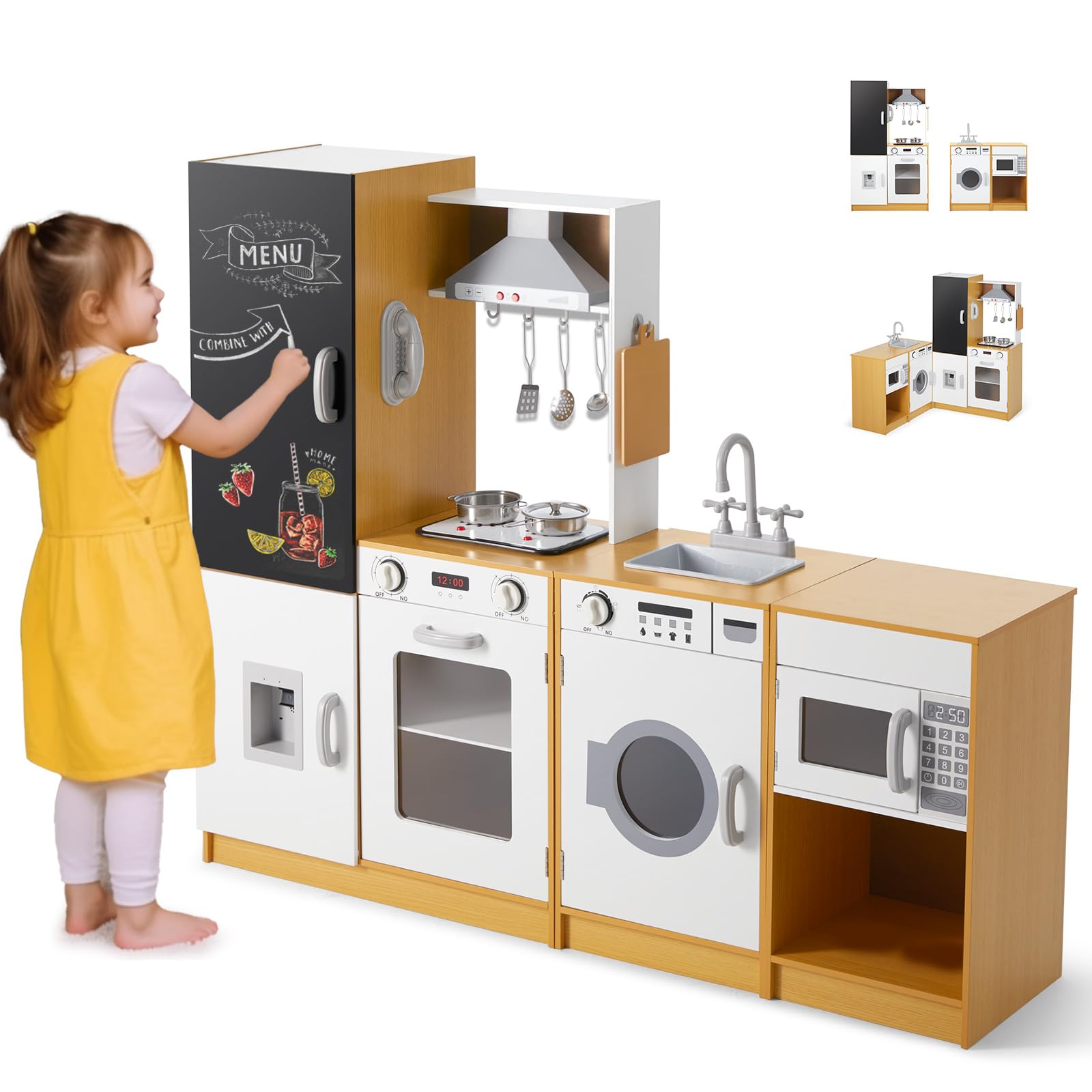 JOYLDIAS Kids Play Kitchen Set, Wooden Free Combination & Movable Pretend Toddler Kitchen Toy with Real Sound and Light, Ice Maker, Oven,Washer,Blackboard and Cookware Accessories for Age 3+ Toddlers