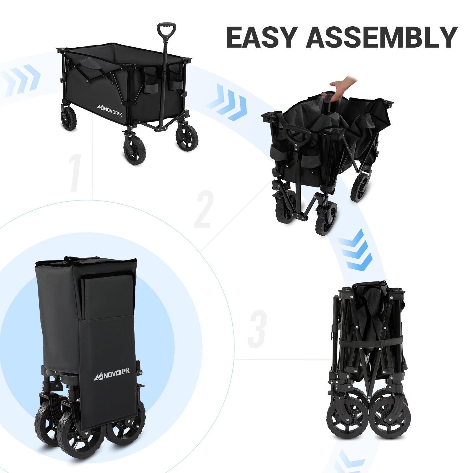 NOVORIK Collapsible Foldable Wagon Black, Folding Outdoor Utility Wagon 330lbs Weight Capacity, with All Terrain Wheels, Cup Holders, Adjustable Handle, Heavy Duty Cart for Camping, Shopping