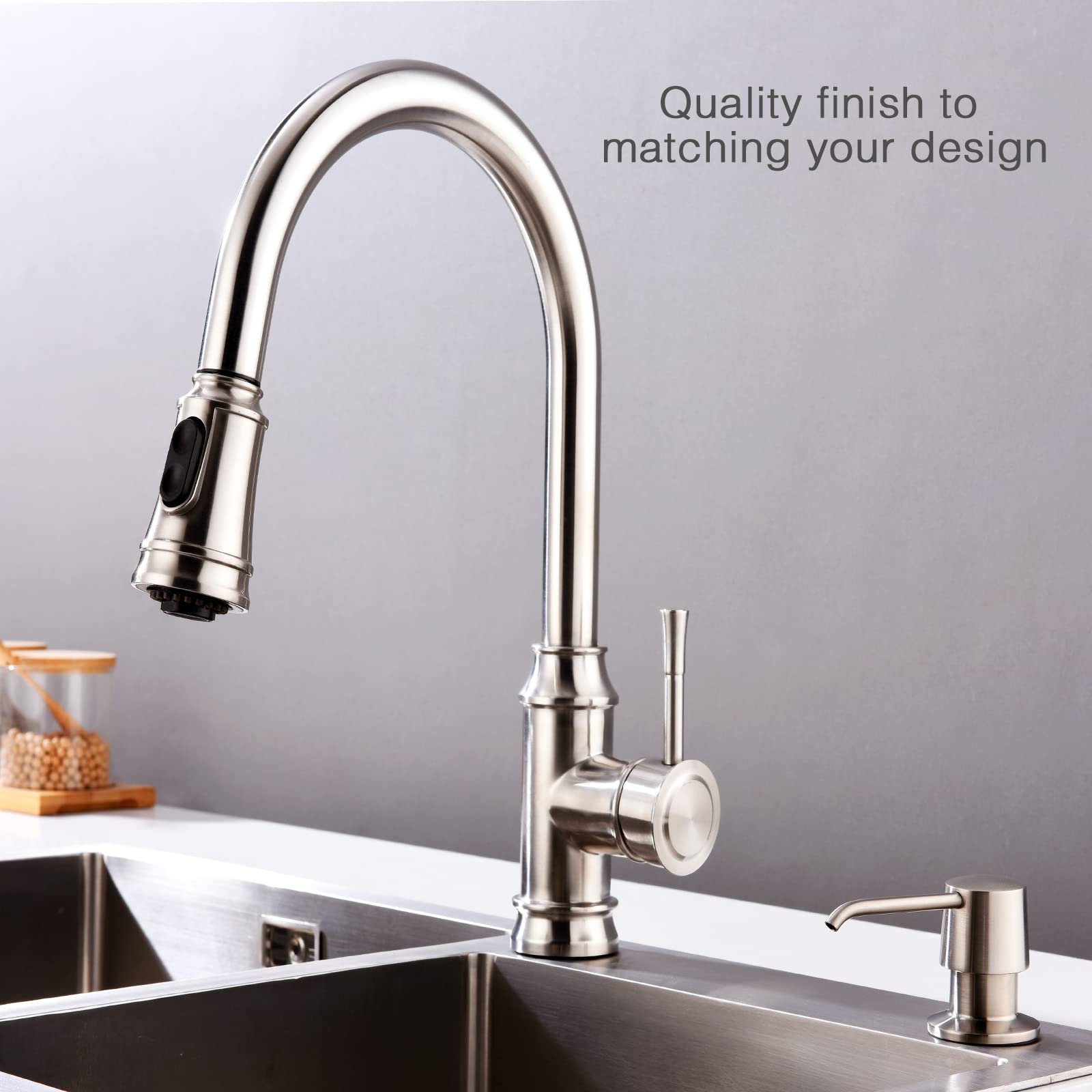 PBF Built in Soap Dispenser for Kitchen Sink, Lotion Dispenser with Above The Sink Refillable Bottle, Brass Pump Head, for countertop, Brushed Nickel