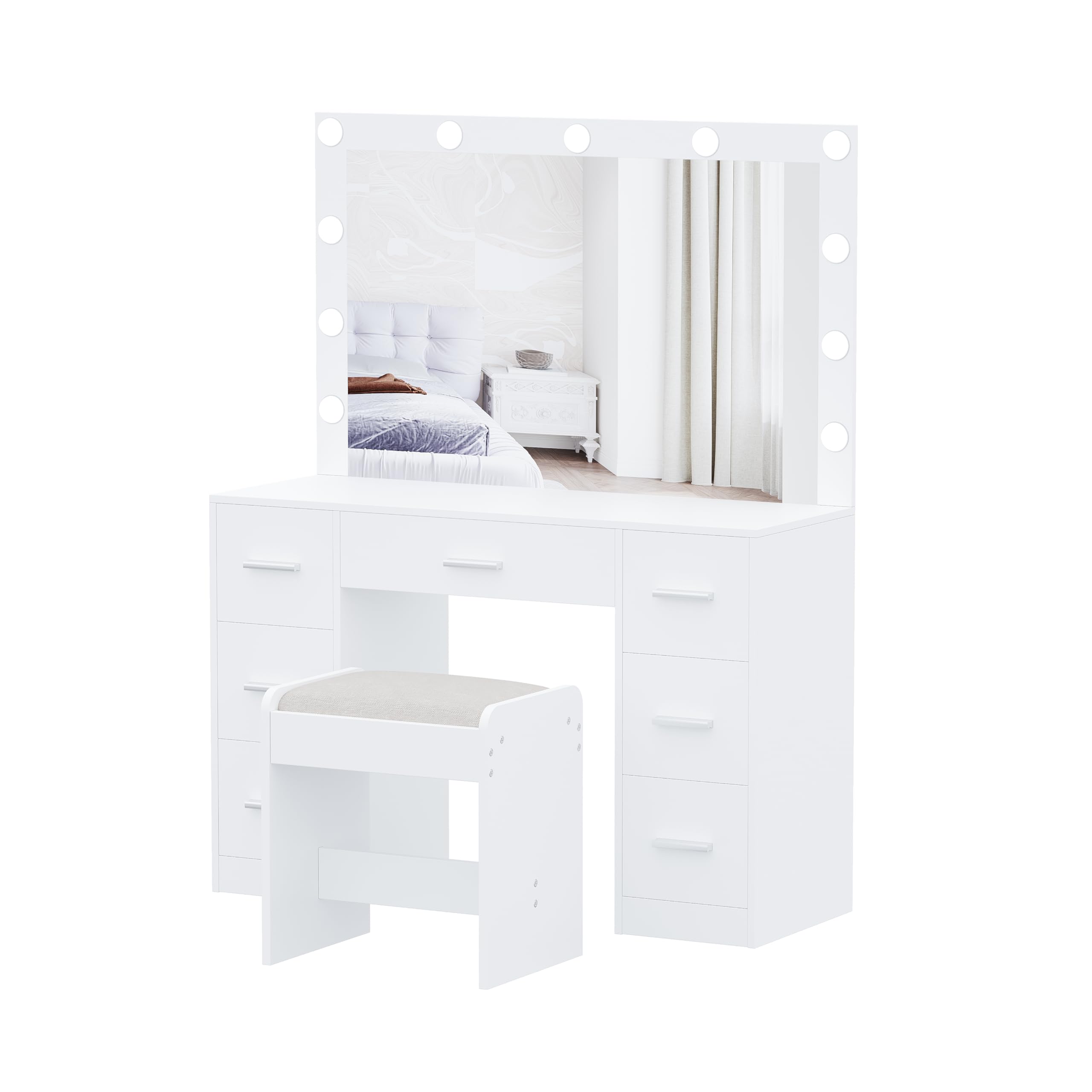 Irontar Vanity Desk with Stool, Makeup Table with Lighted Mirror, 3 Color Lighting Modes, Brightness Adjustable, Dressing Table with Drawers, Vanity Table Set for Women, White WDT004WD