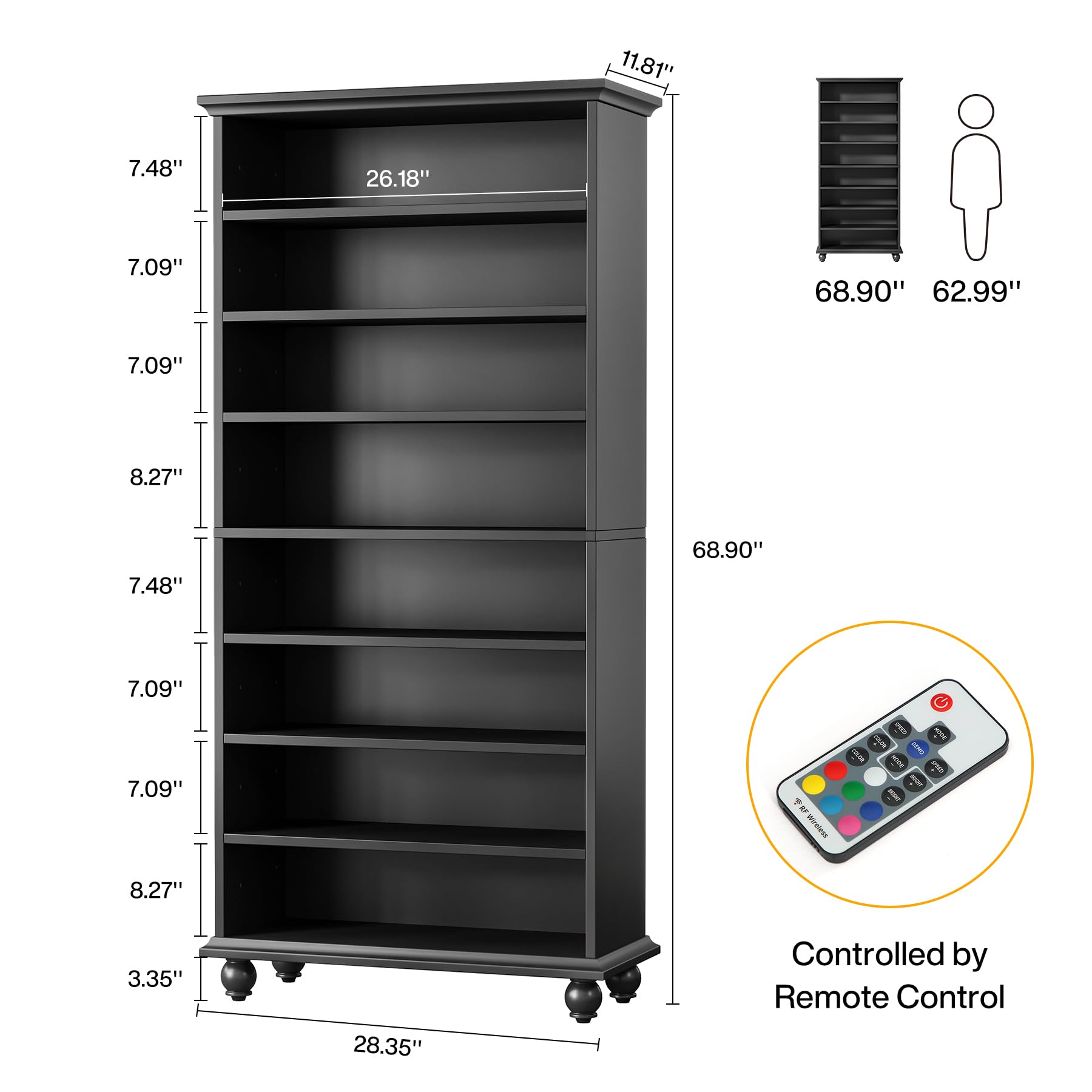Tribesigns 69-Inch Tall Bookcase with LED Lighting, Modern 9-Tier Freestanding Bookshelf with Solid Wood Legs, Wooden Open Display Shelf Organizer for Living Room, Home Office (1, Black)