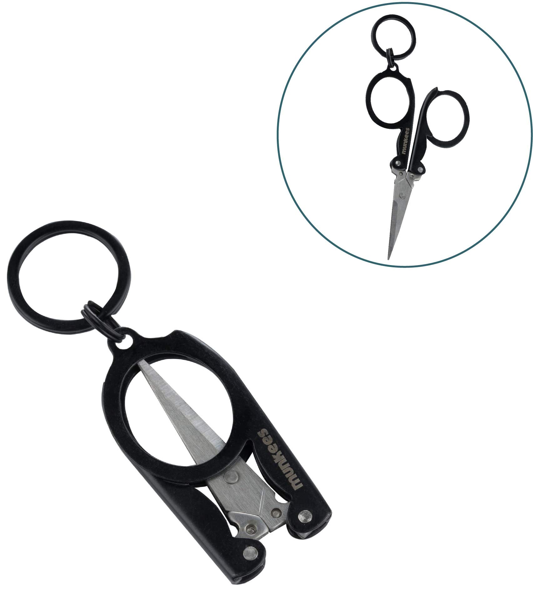 Munkees Mini Folding Scissors Keychain - Stainless Steel Portable & Foldable Travel Cutter Pocket Key Ring - Small Key Chain, Scissor Tool for Crafting, Emergency, Survival, Camping & Outdoors