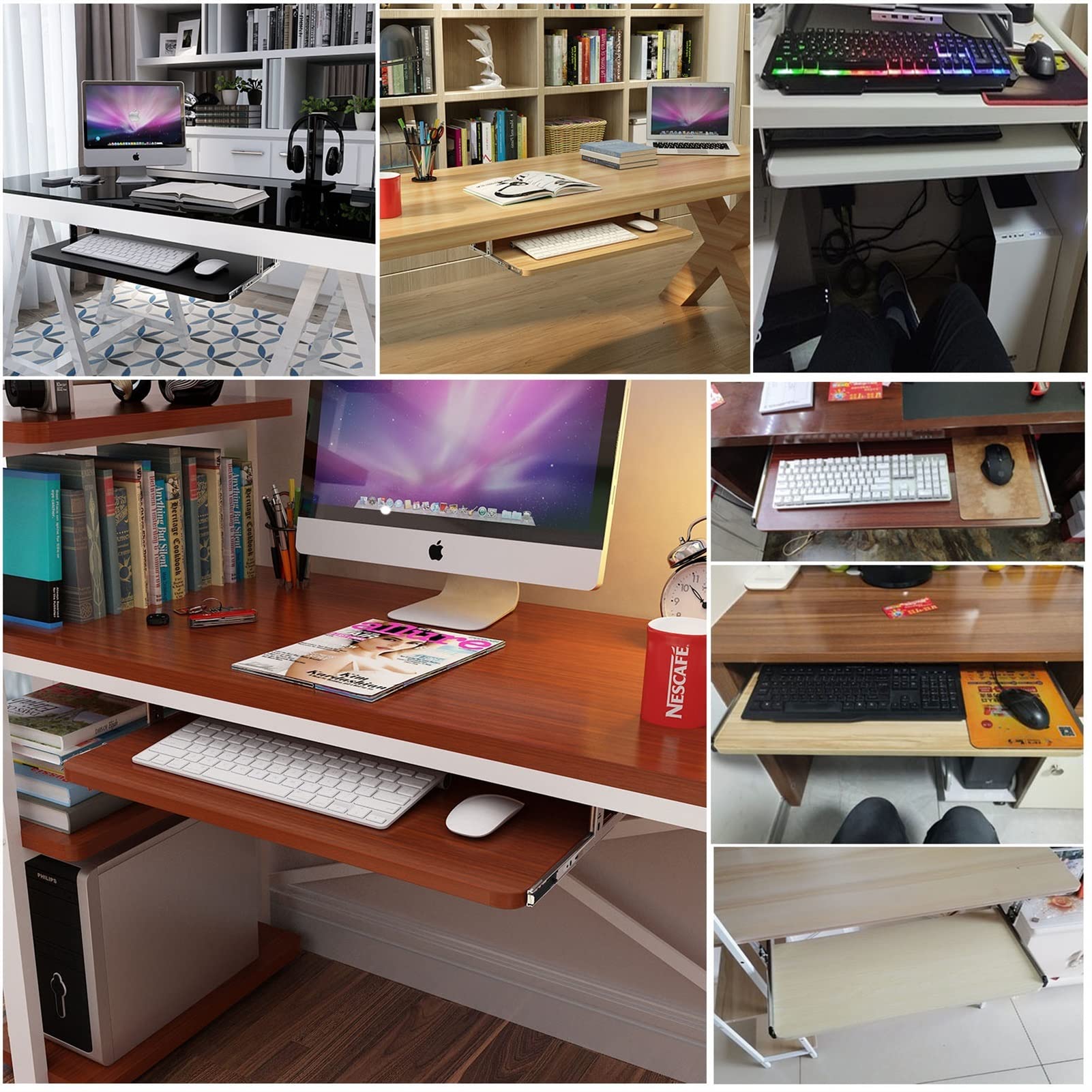 Keyboard Tray Wooden Sliding Keyboard Drawer Desk Elbow Arm Support Strong Load Capacity Computer Keyboard Arm Tray Mouse Storage Rack 54/60/70x27cm 5 Colors Easy to Assemble Push Pull Use