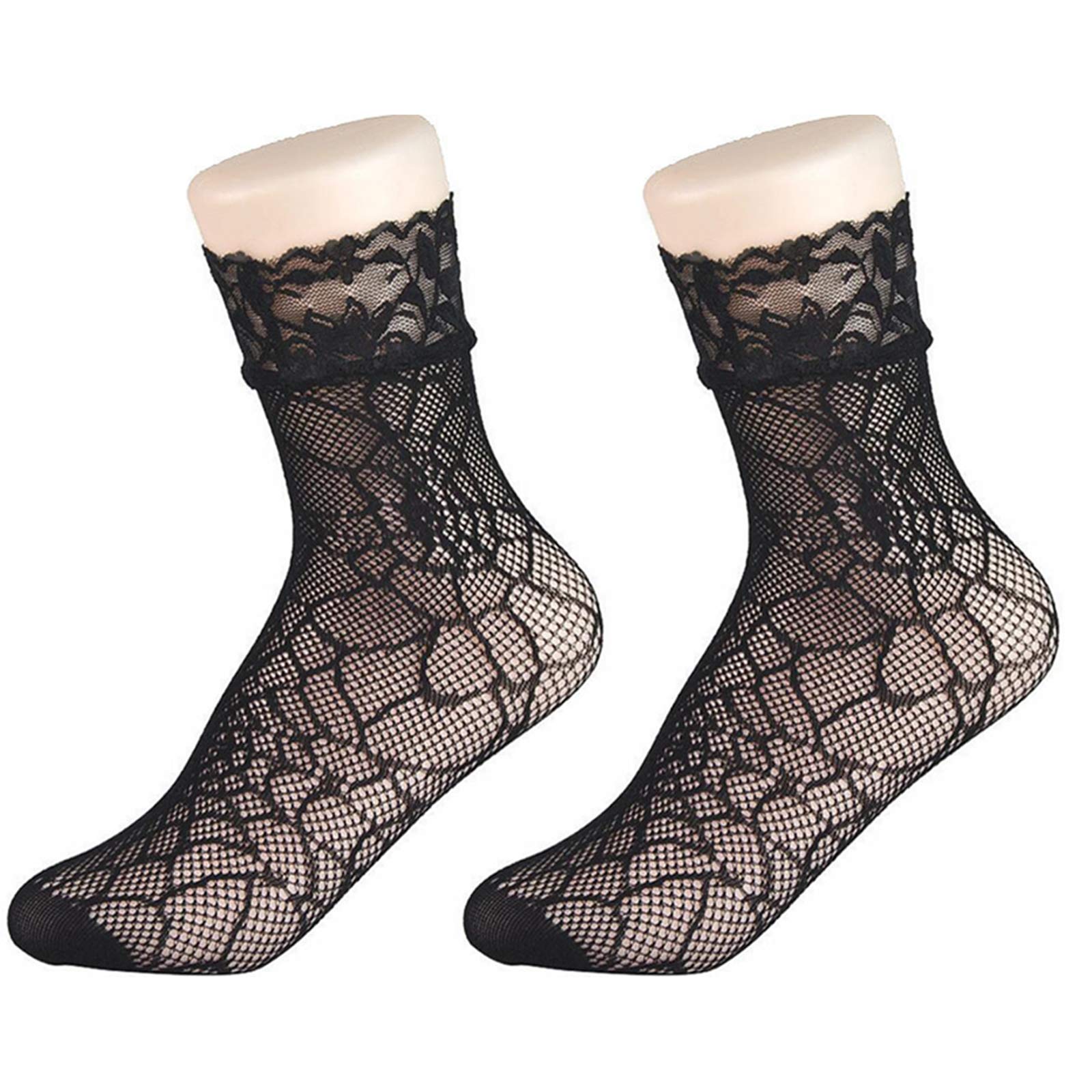 Lamdgbway 6 Pairs Women Lace Ankle Socks Fishnet Short Stockings Black 3